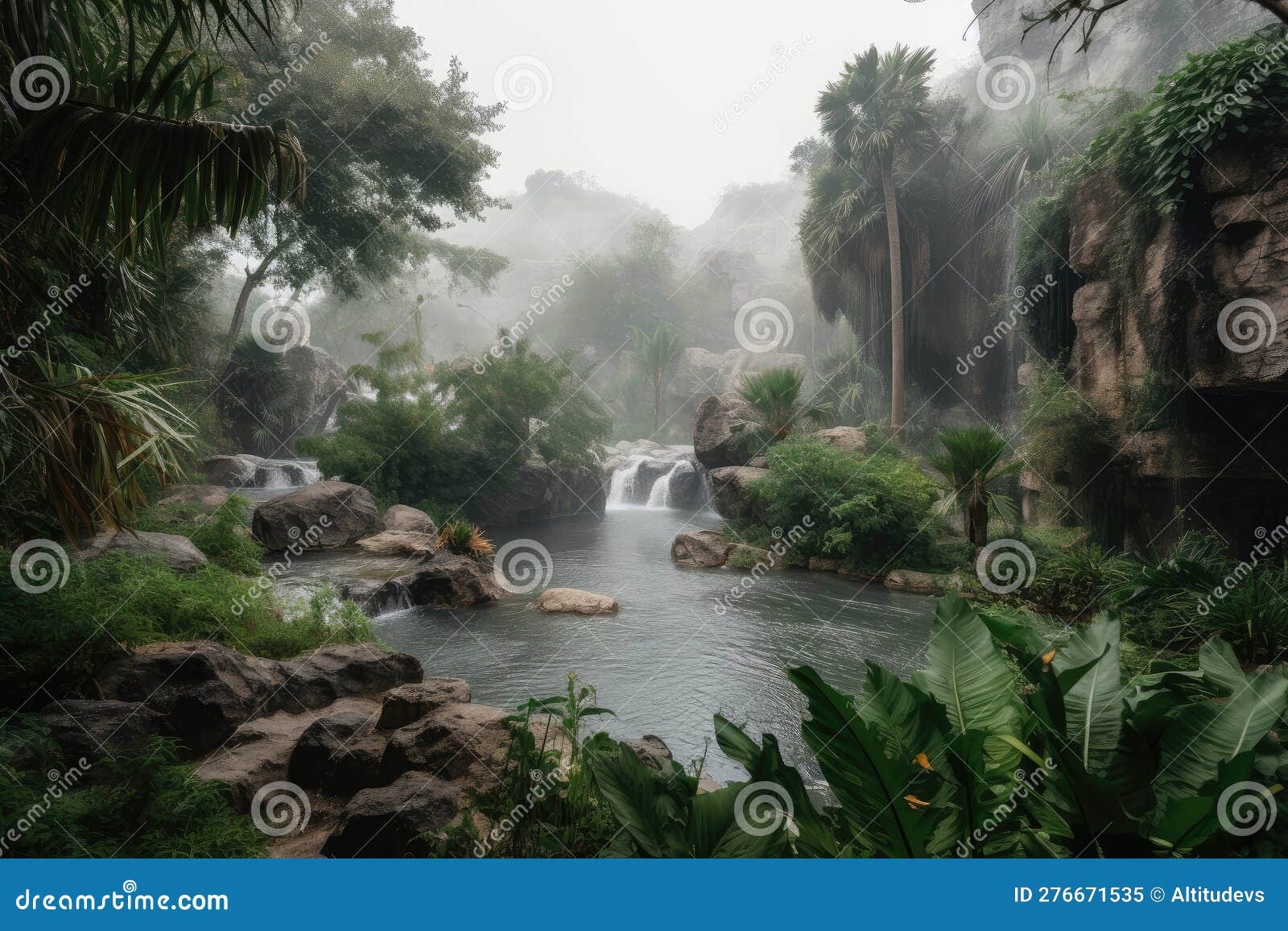 Oasis with Waterfall and Mist, Surrounded by Greenery Stock ...
