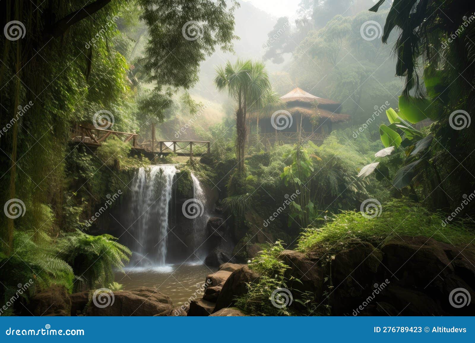 Oasis with Waterfall and Mist, Surrounded by Greenery Stock Image ...