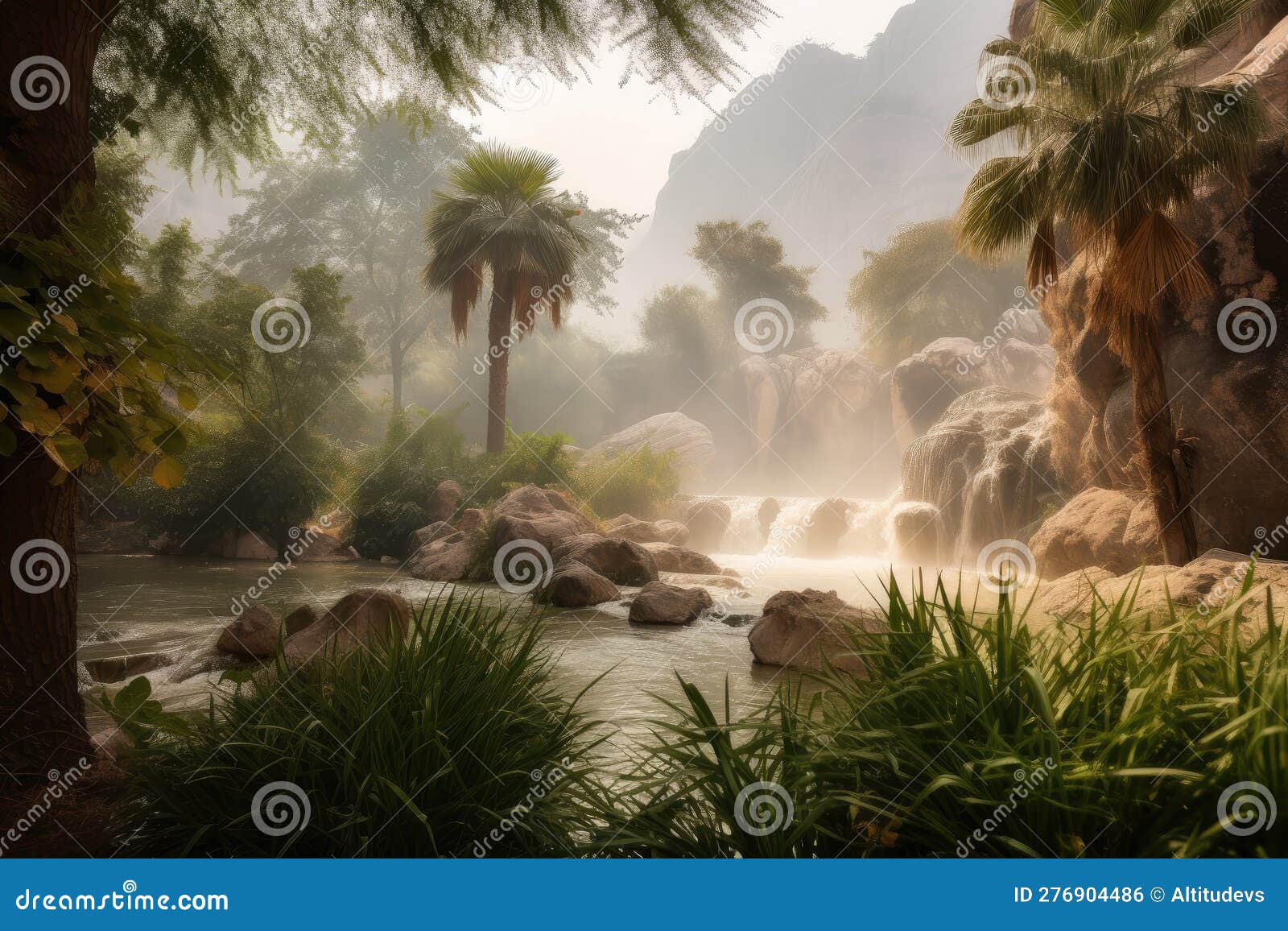 Oasis with Waterfall and Mist, Surrounded by Greenery Stock Photo ...