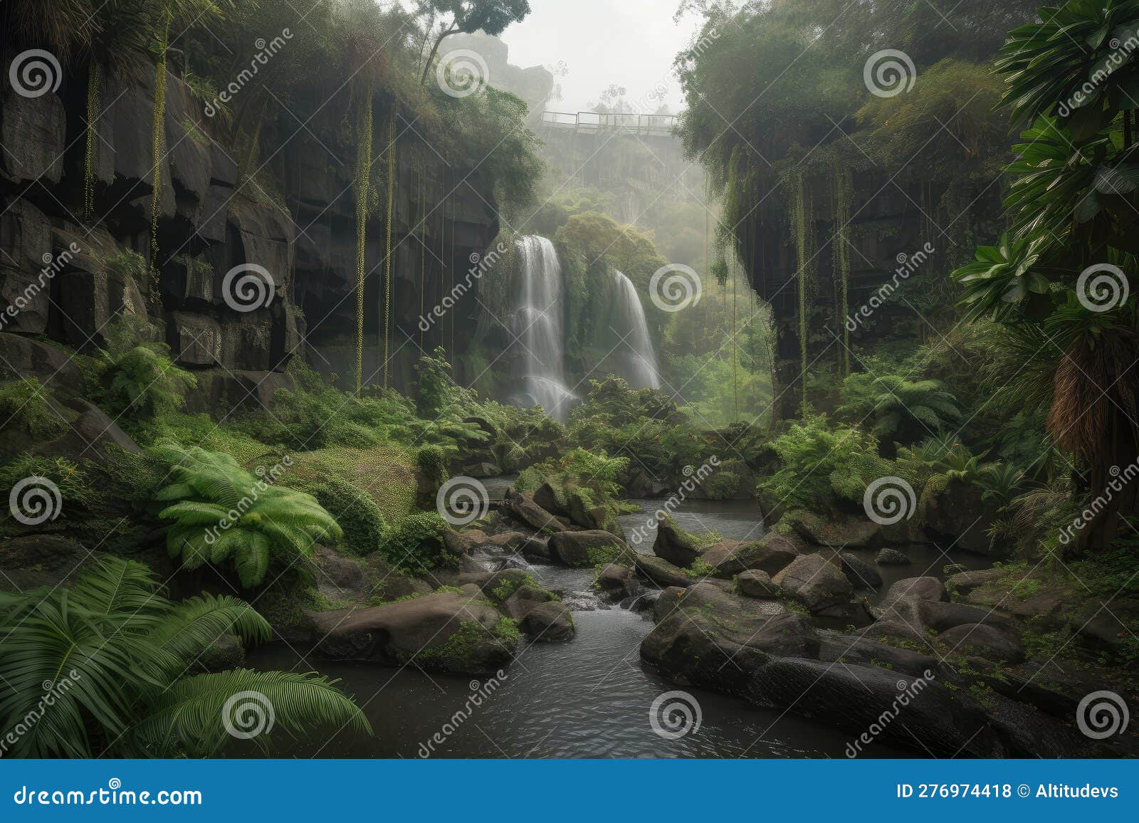 Oasis with Waterfall and Mist, Surrounded by Greenery Stock Photo ...