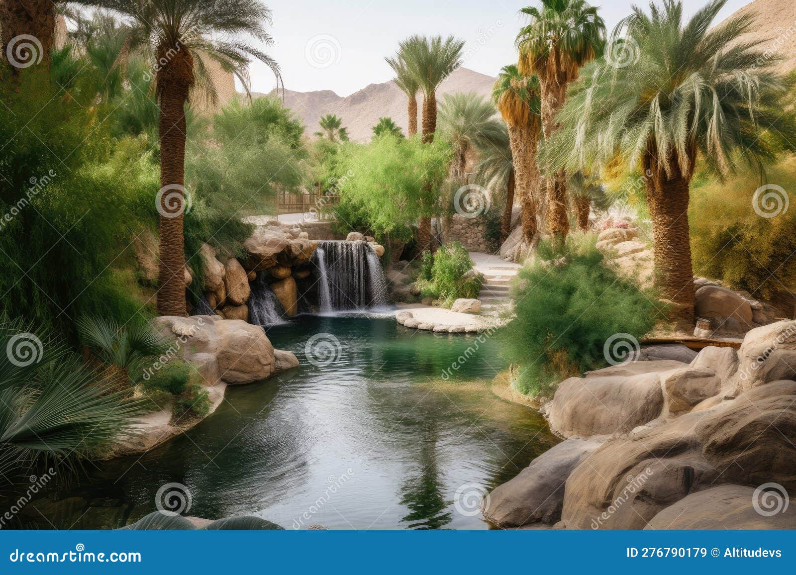 Oasis with Waterfall, Surrounded by Lush Greenery and Desert Stock ...