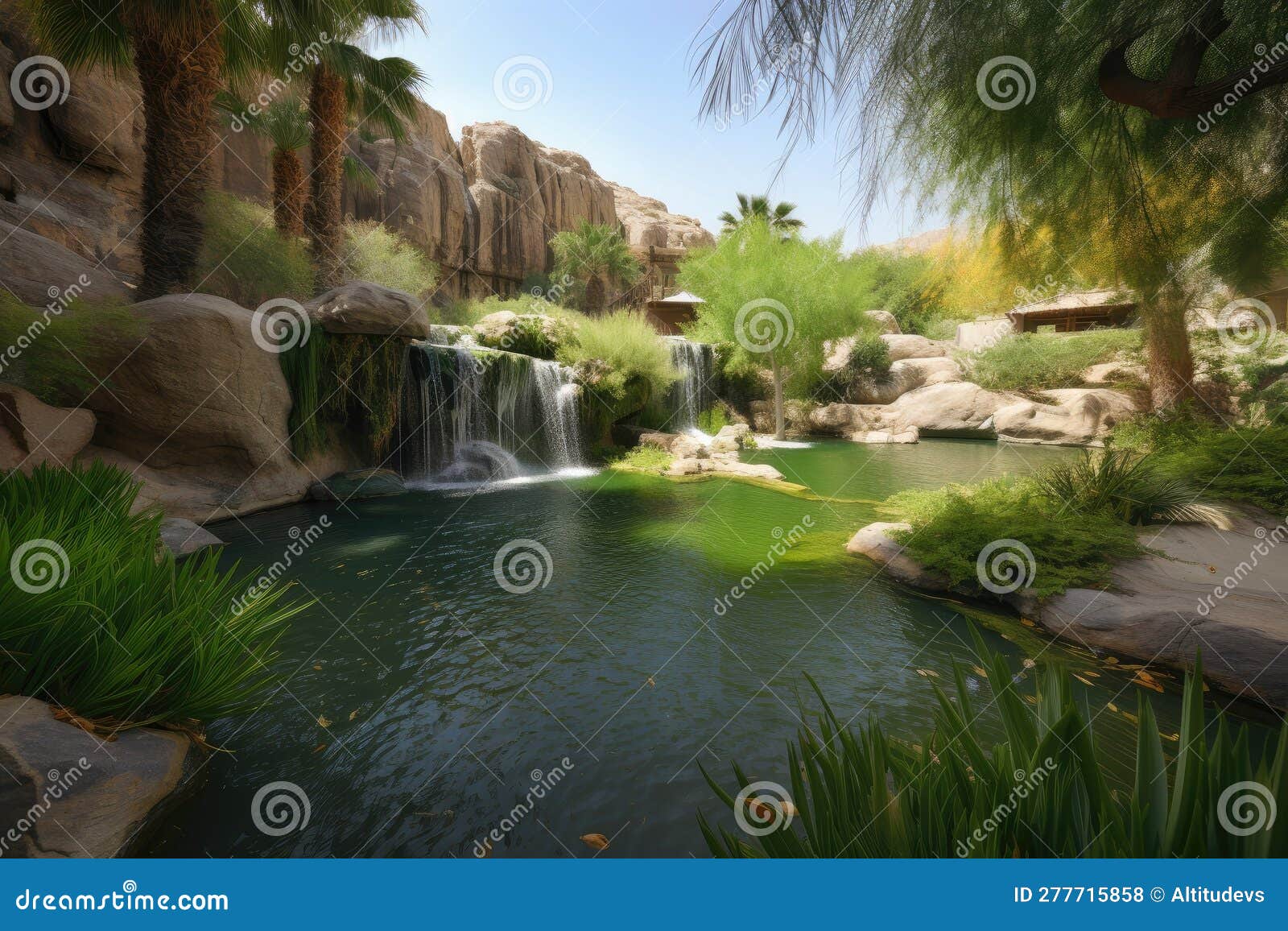Oasis with Waterfall, Surrounded by Lush Greenery and Desert Stock ...