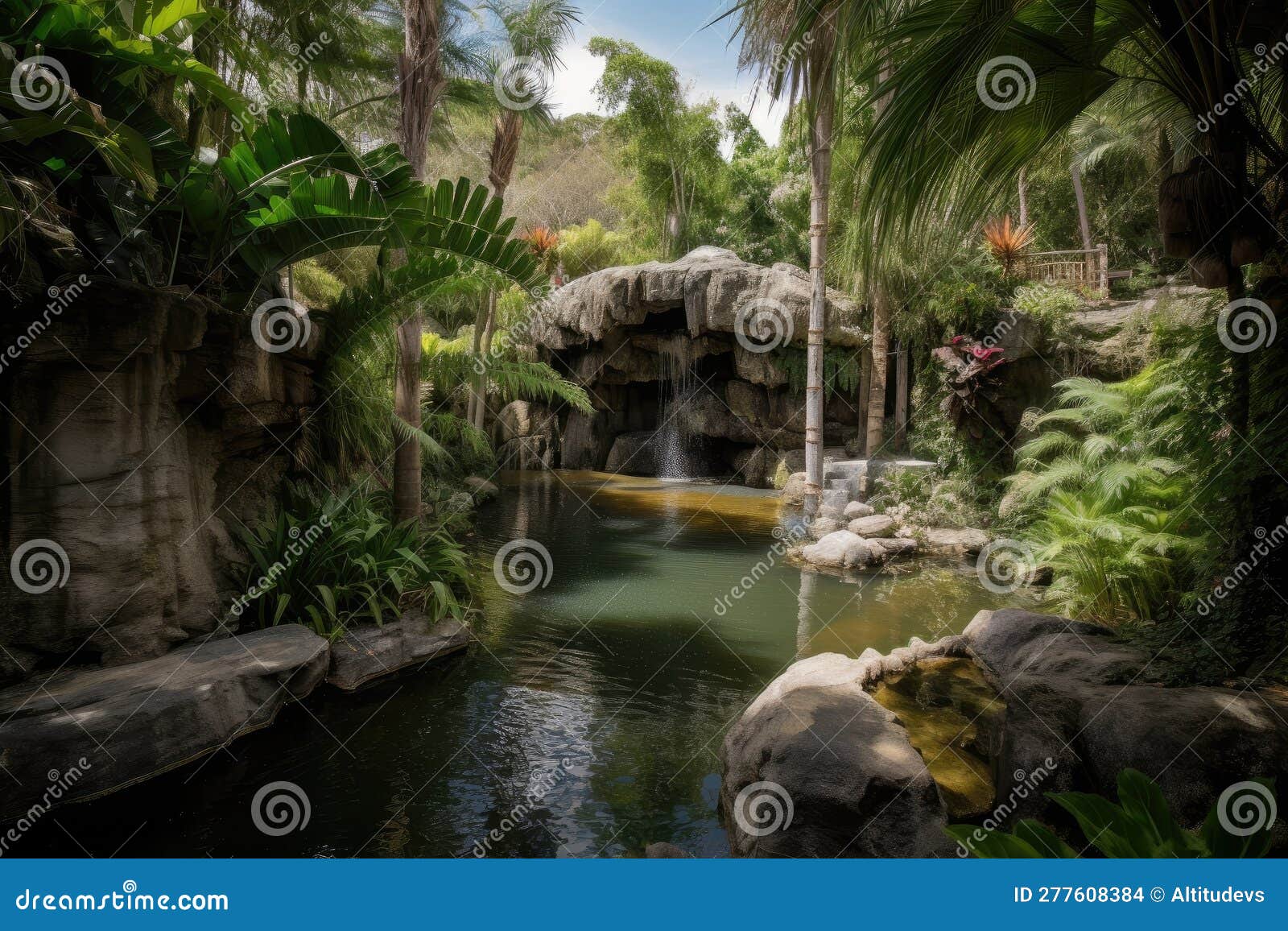 Oasis with Waterfall, Surrounded by Lush Greenery and Rock Formations ...