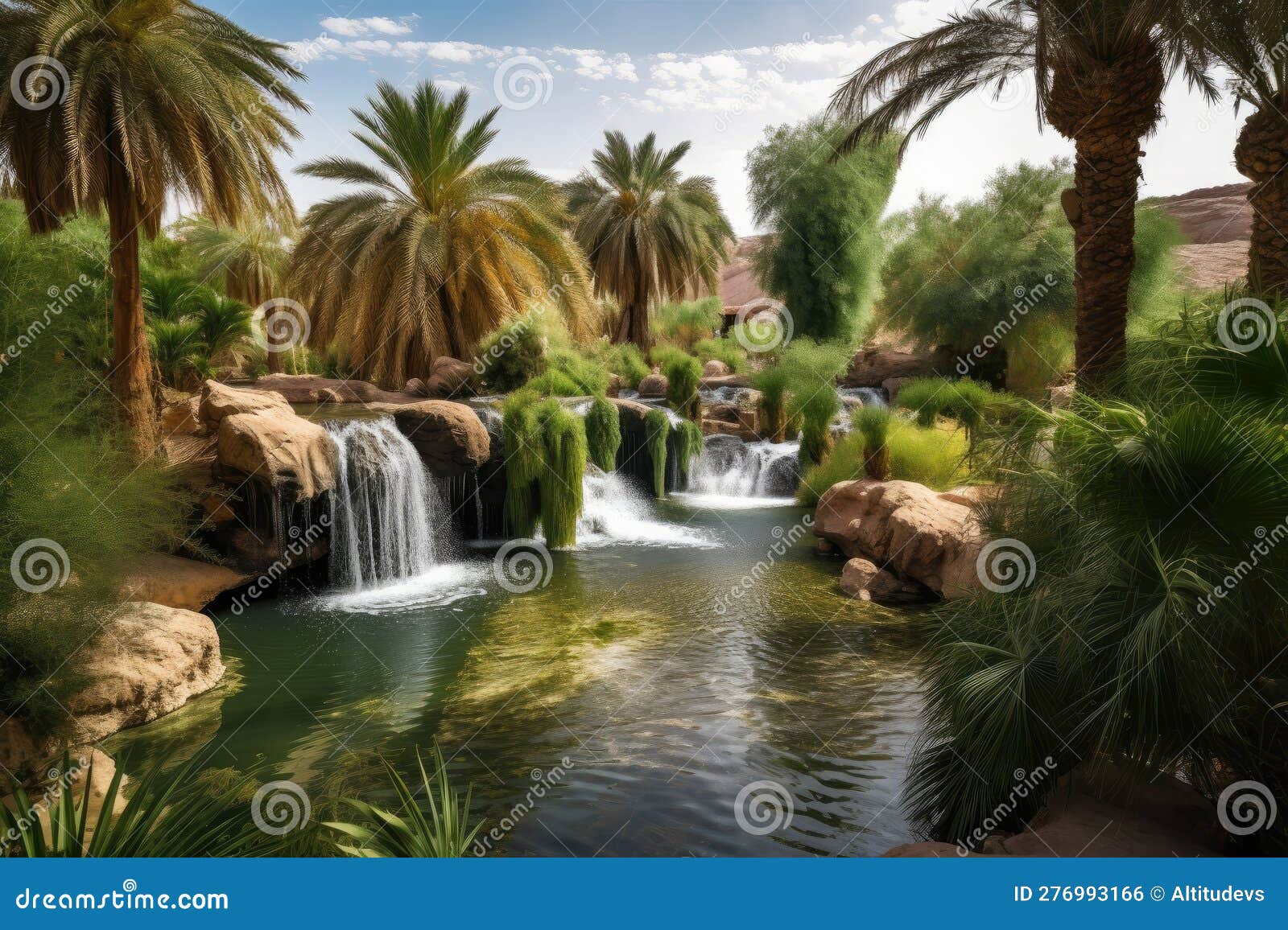 Oasis with Waterfalls and Greenery in the Middle of Desert Stock ...
