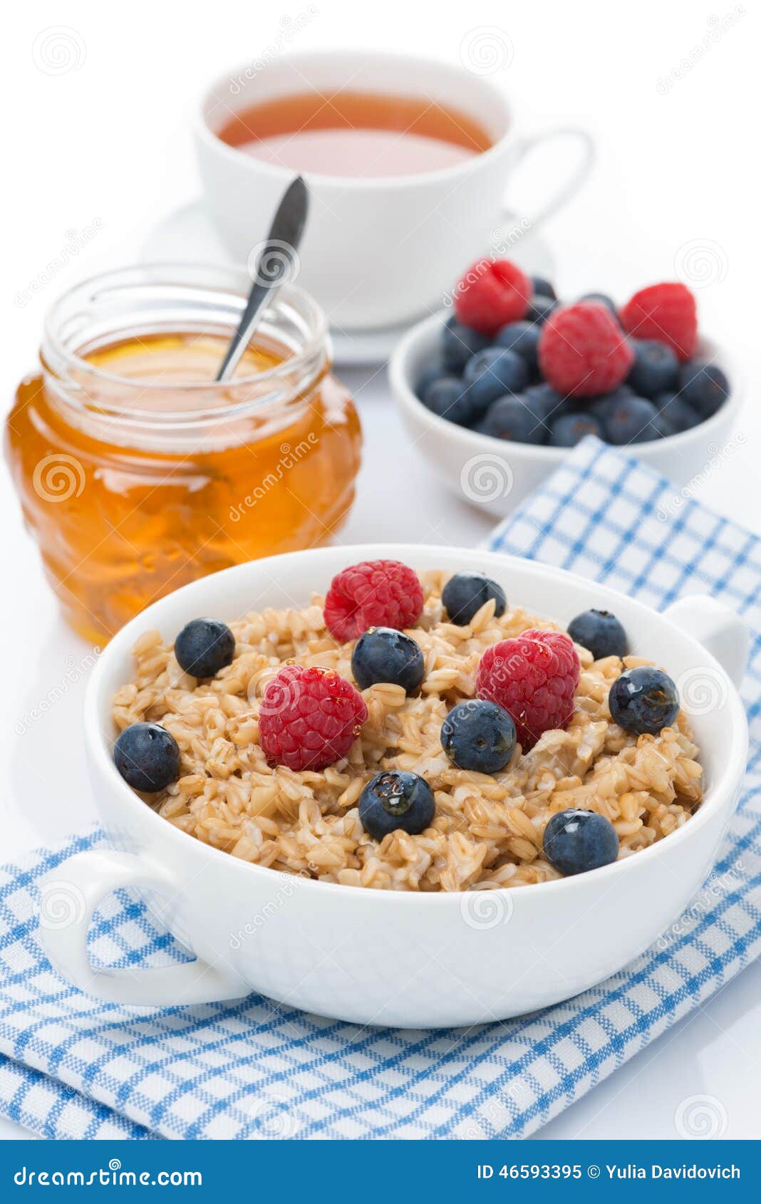 Oat Porridge with Berries and Honey, a Cup of Black Tea Stock Image ...