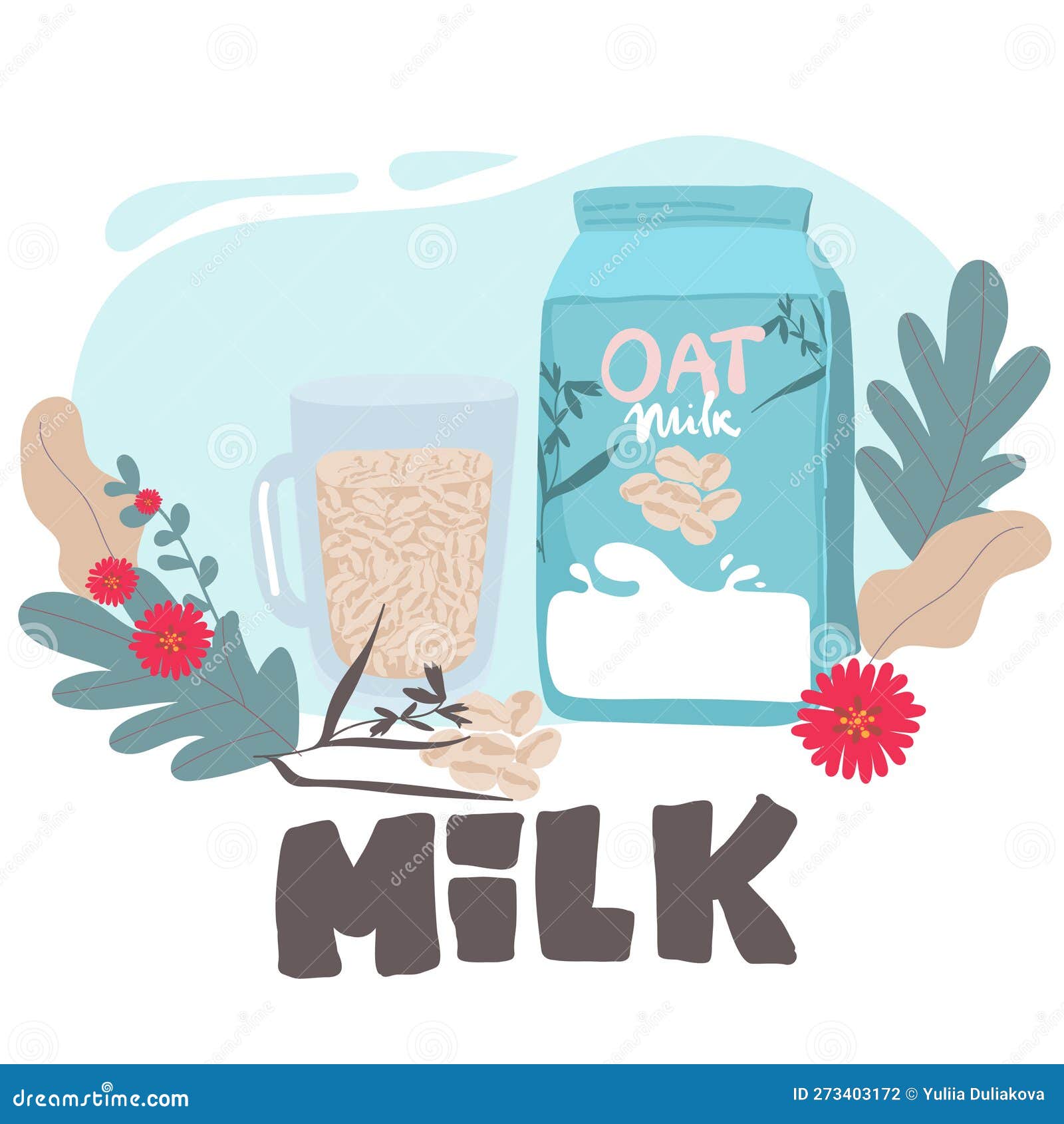 Oatmeal Ad, with Milk Pouring into a Cup and Oat Elements, Hand Drawing ...