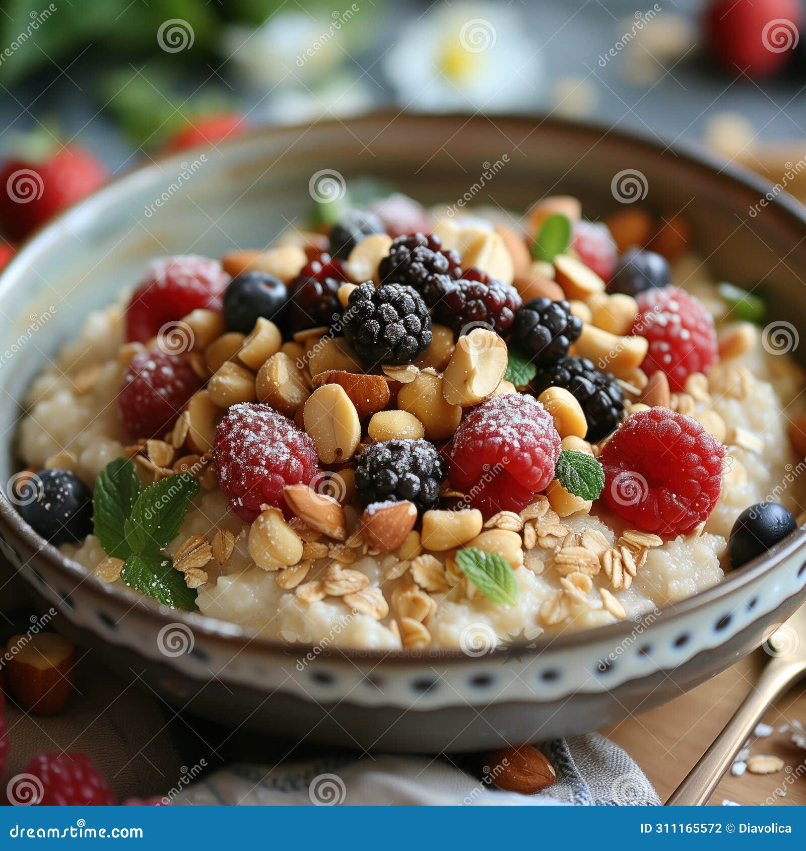 Oatmeal with Berries and Nuts in a Plate Stock Illustration ...