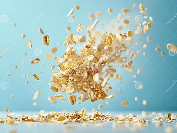Oatmeal Explosion, Blue Background, Dynamic Food Photography Stock ...