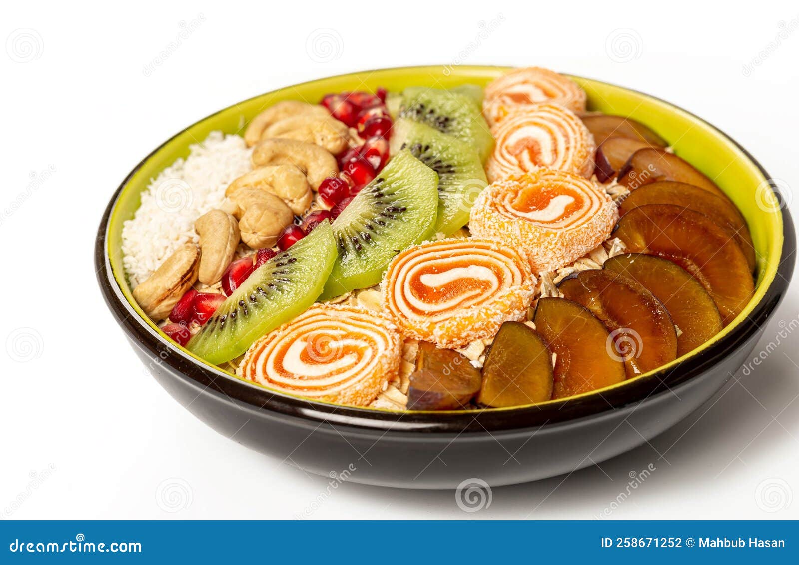 Oatmeal with Fruit, Turkish Delight and Cashews Nuts Stock Photo ...