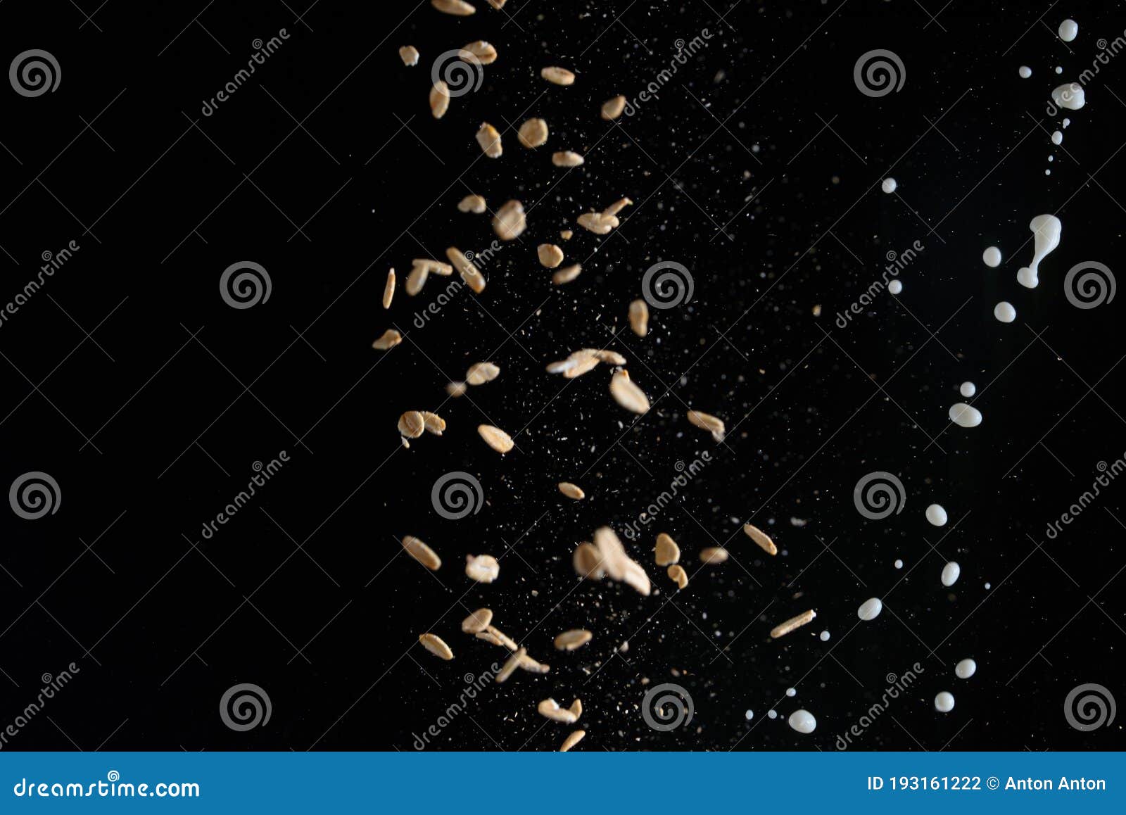 Oatmeal Grains Falling with Milk Splash, Motion Freeze Stock Photo ...