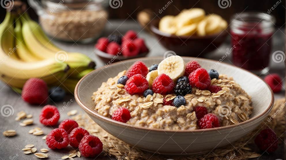 Oatmeal Served with Raspberry Jam, Fresh Berries, Bananas Stock ...