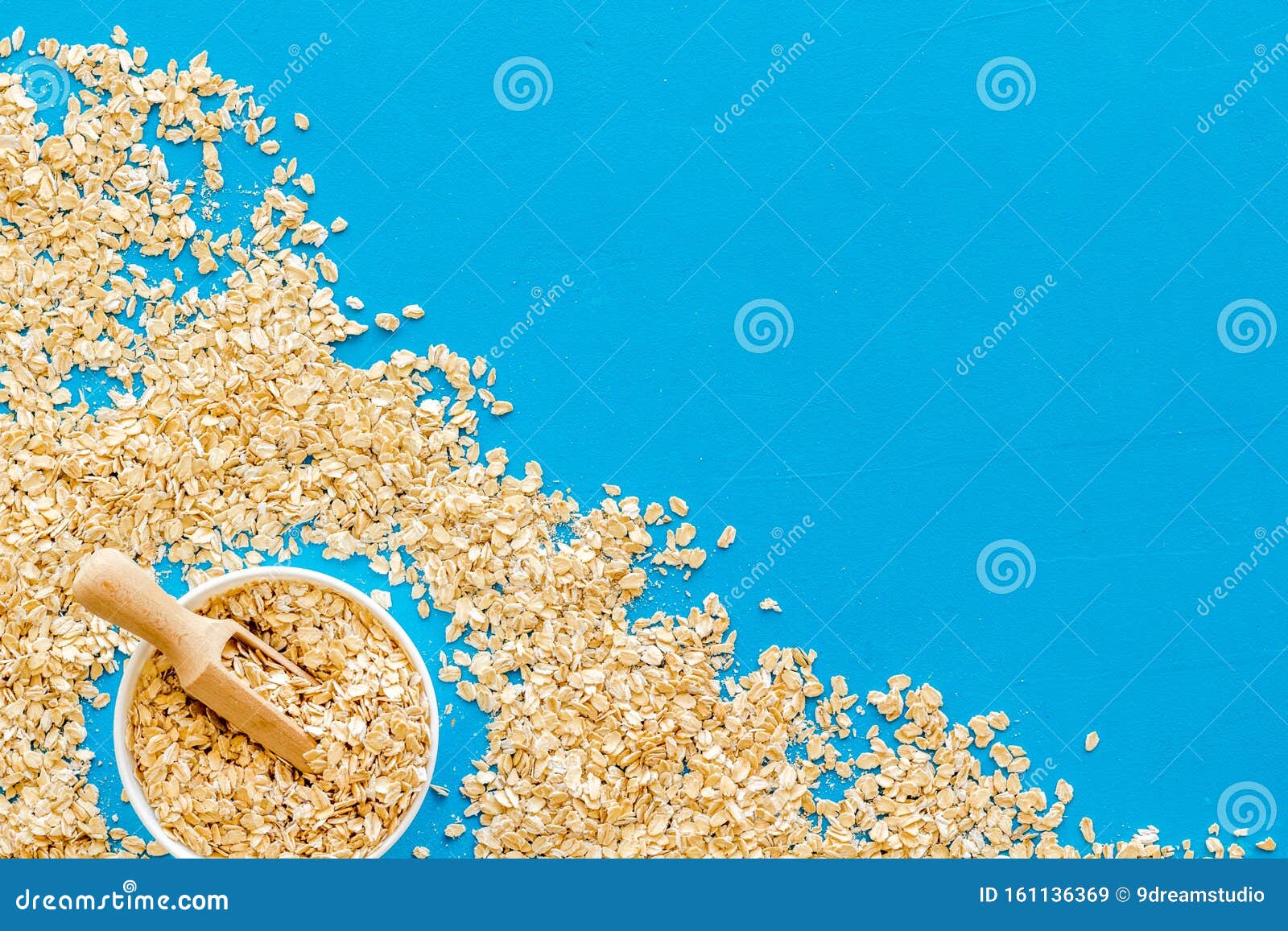 Oatmeals Background on Blue Table Top View Frame Copy Space Stock Image ...