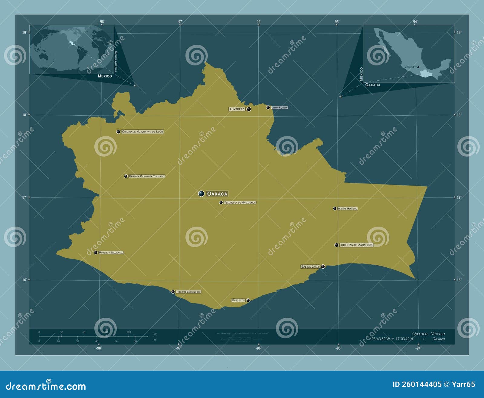 Oaxaca, Mexico. Solid. Labelled Points of Cities Stock Illustration ...