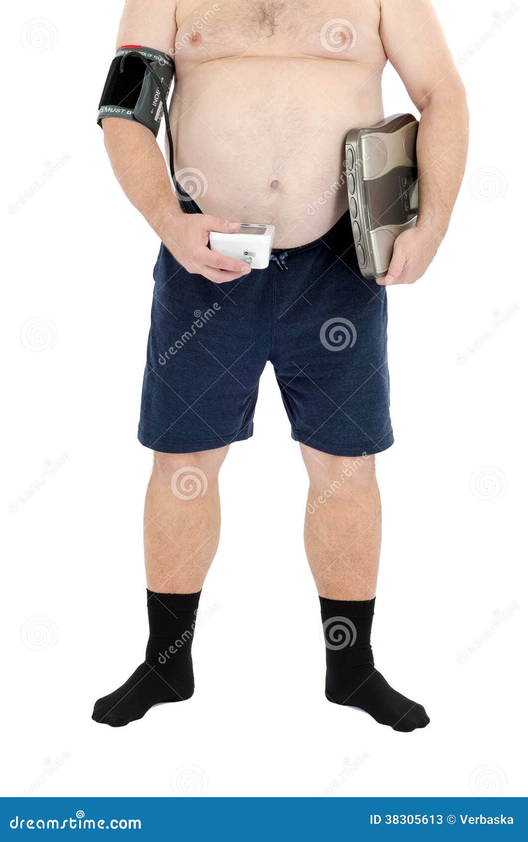 Obese Man Checks the Pressure and Weight Stock Image - Image of mature ...