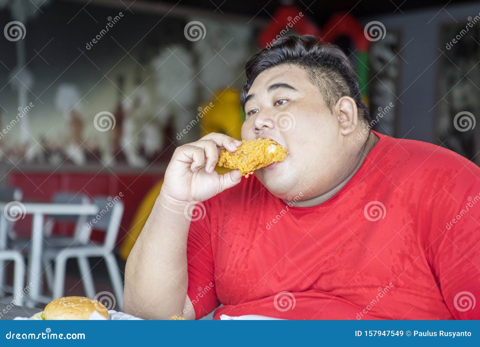 Obese Man Enjoying Crunchy Fried Chicken Stock Image Image Of