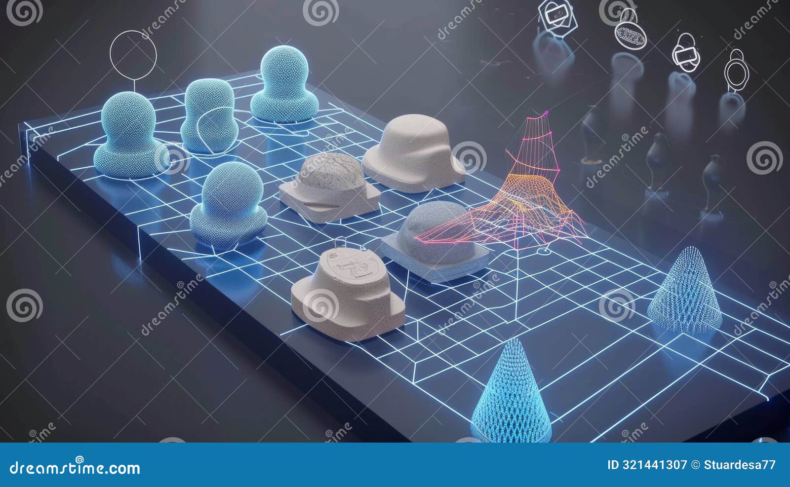 Abstract AI-generated 3D Shapes on a Digital Grid Stock Image - Image ...