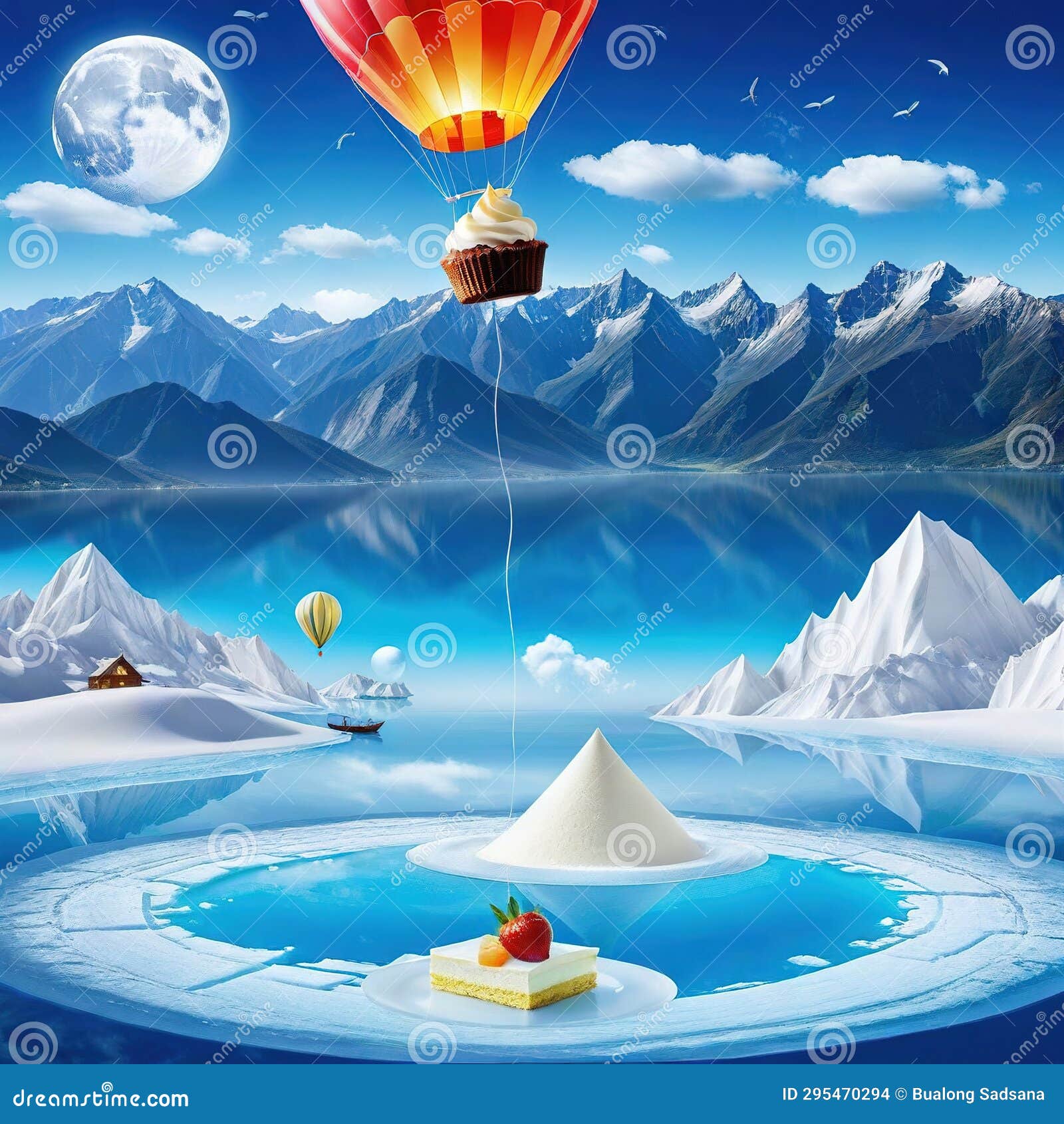 Of Objects Floating In Ther With Mountains And Clouds In The Background ...