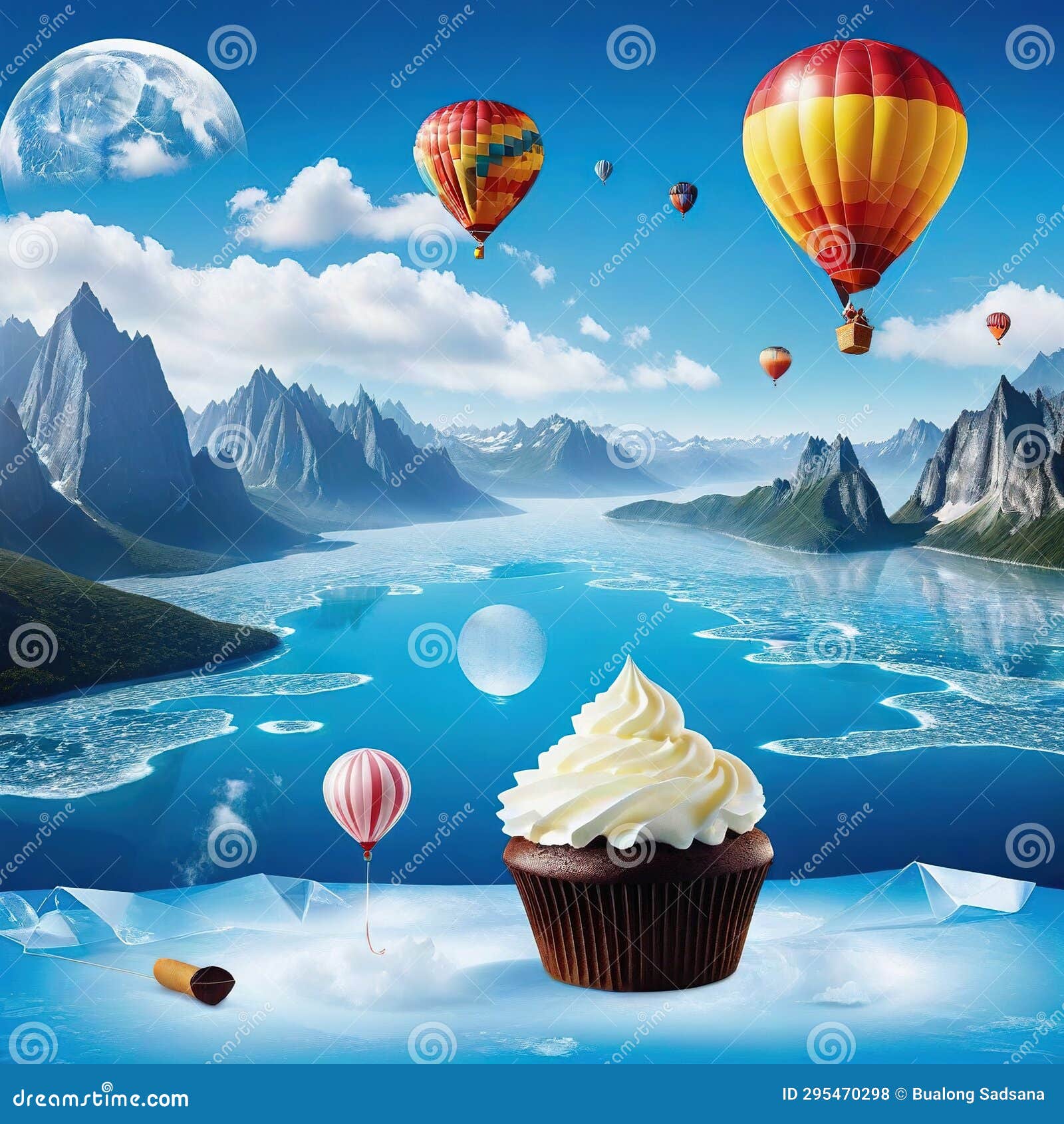 Of Objects Floating in Ther with Mountains and Clouds in the Background ...