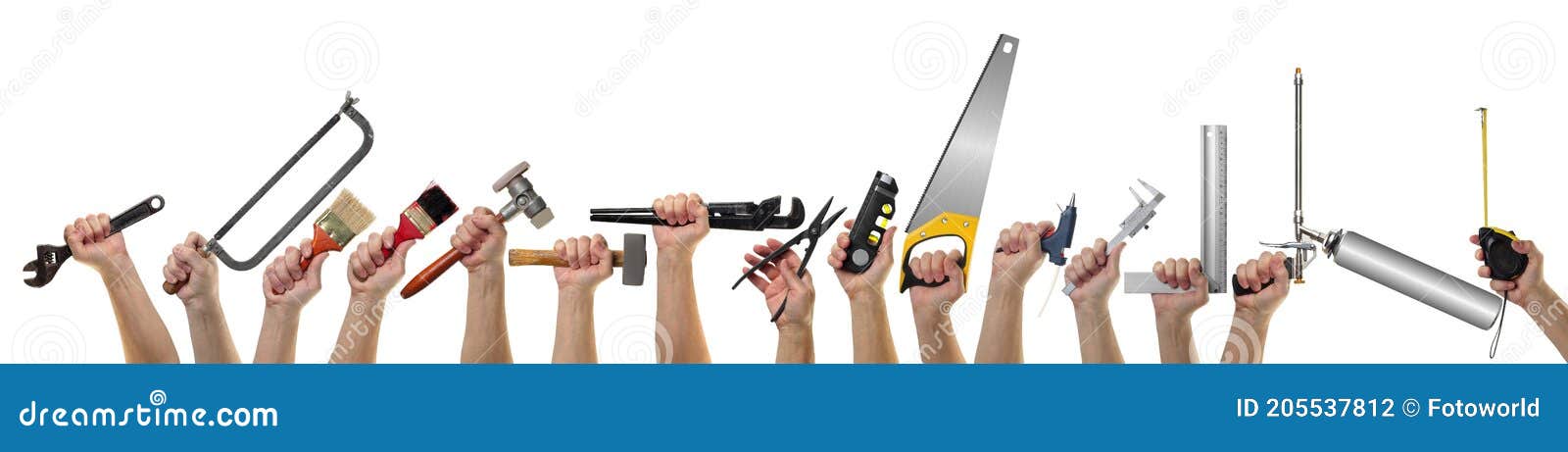 Objects Hands Action - Banner, Collage. Hands Hold Building Tools ...