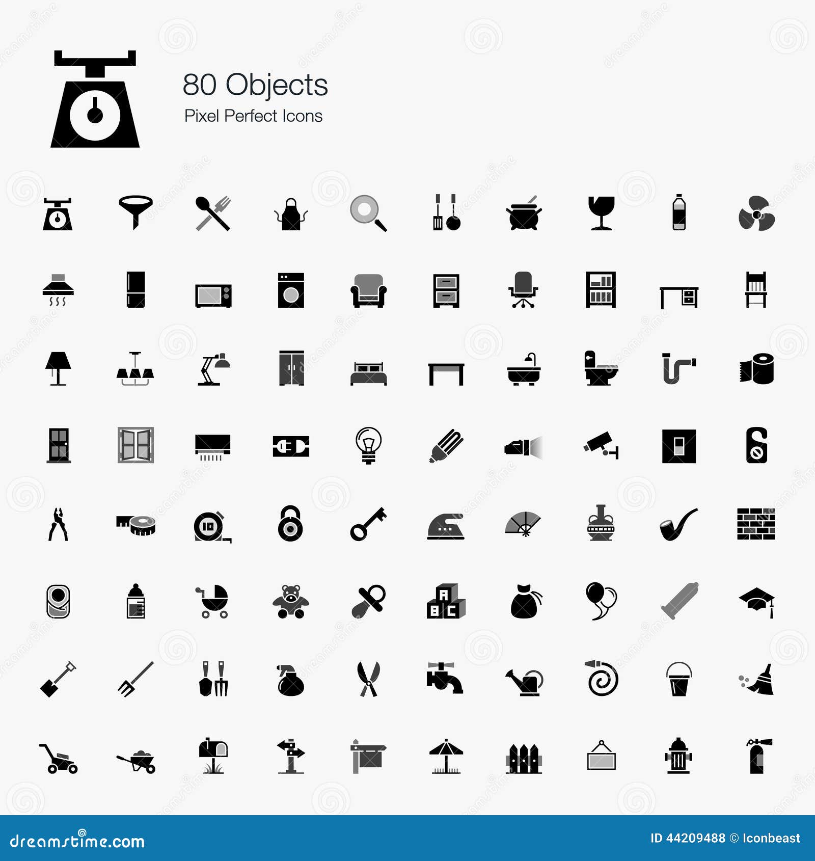 80 Objects Pixel Perfect Icons Stock Vector Image 44209488