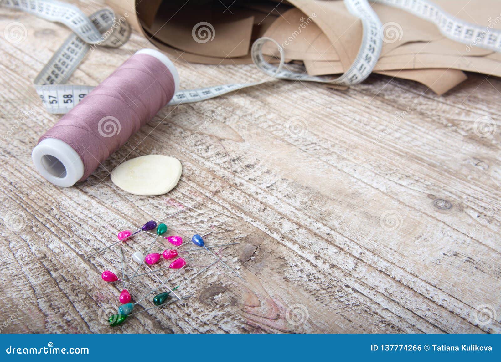 Objects for Sewing Clothes. Roulette, Coil, and Patterns on the Table ...