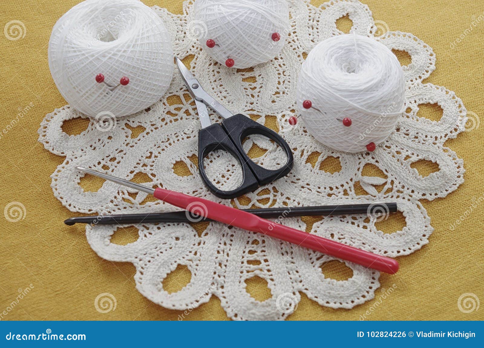 Objects for Sewing. Scissors and Pins. Hanks Thread on Mat Stock Photo ...