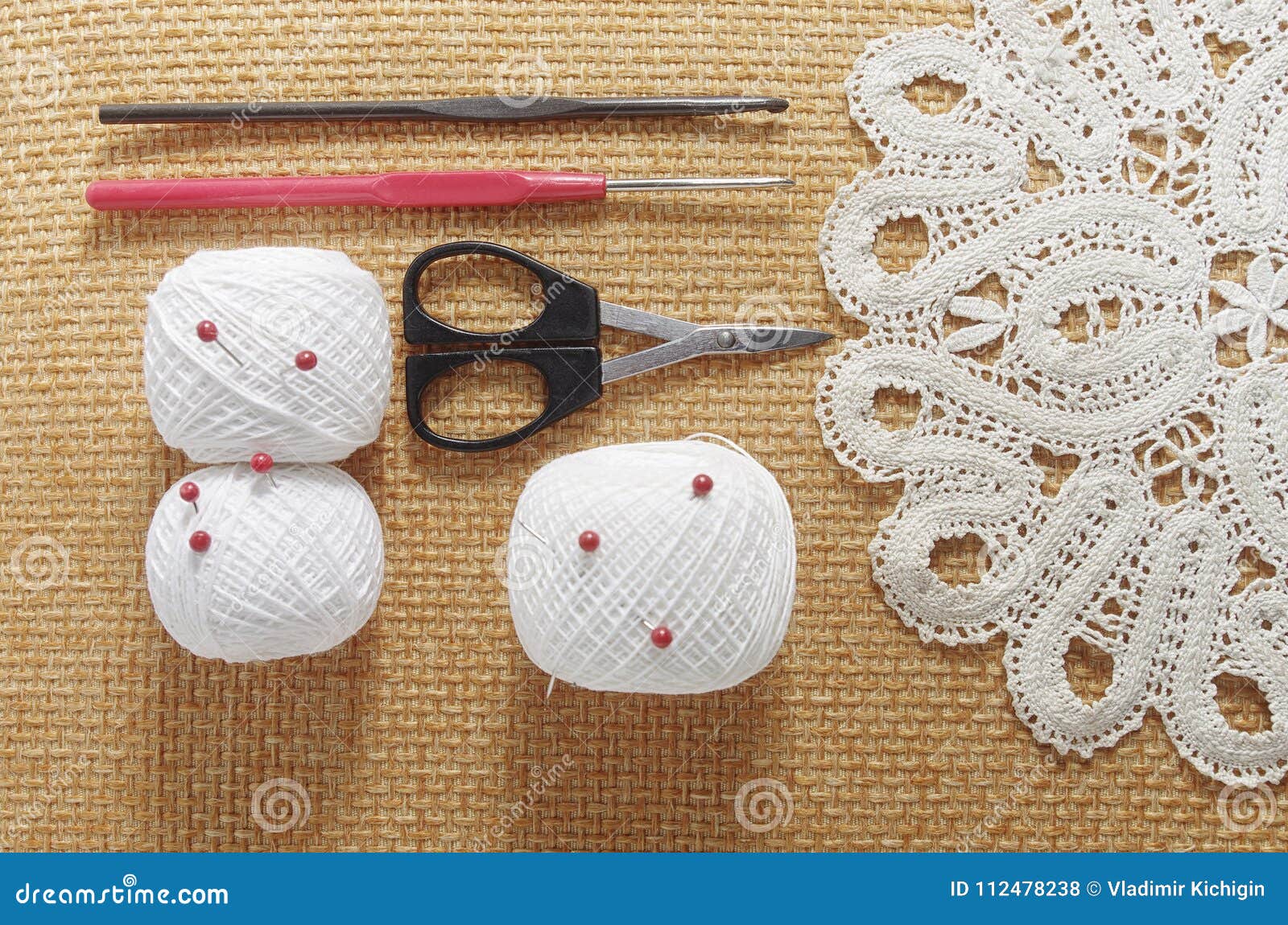 Objects for Sewing. Scissors and Pins. Hanks Thread on Mat Stock Photo ...