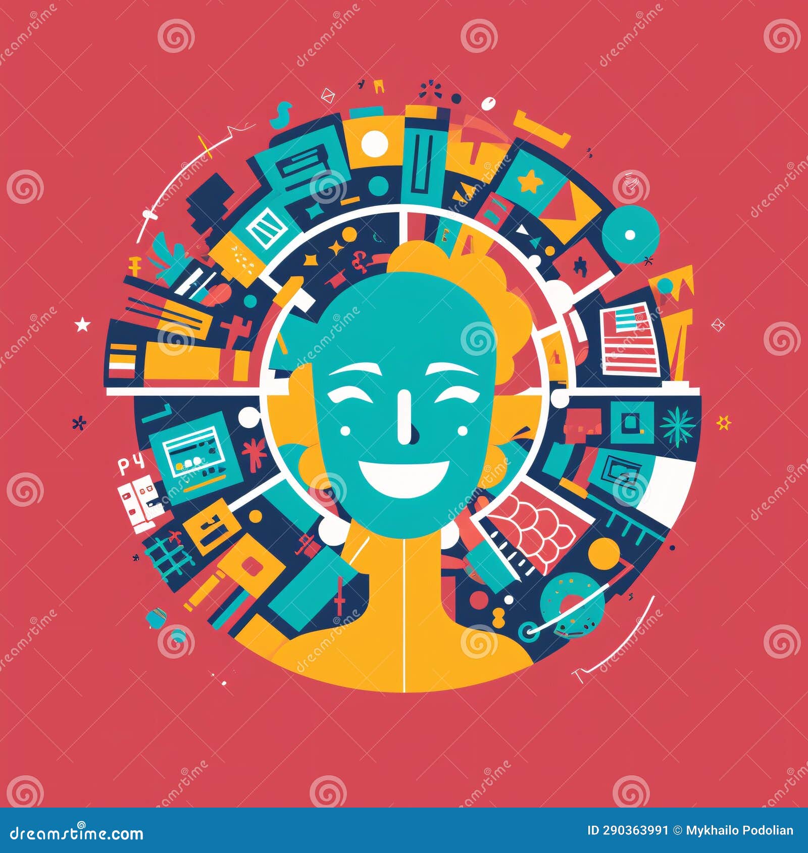 Illustration of a Person S Head with Various Objects and Symbols ...