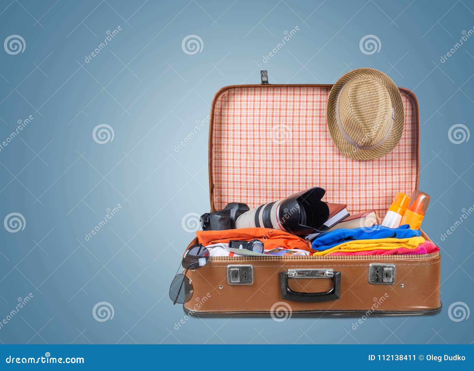 Retro Suitcase with Travel Objects on Background Stock Image - Image of ...