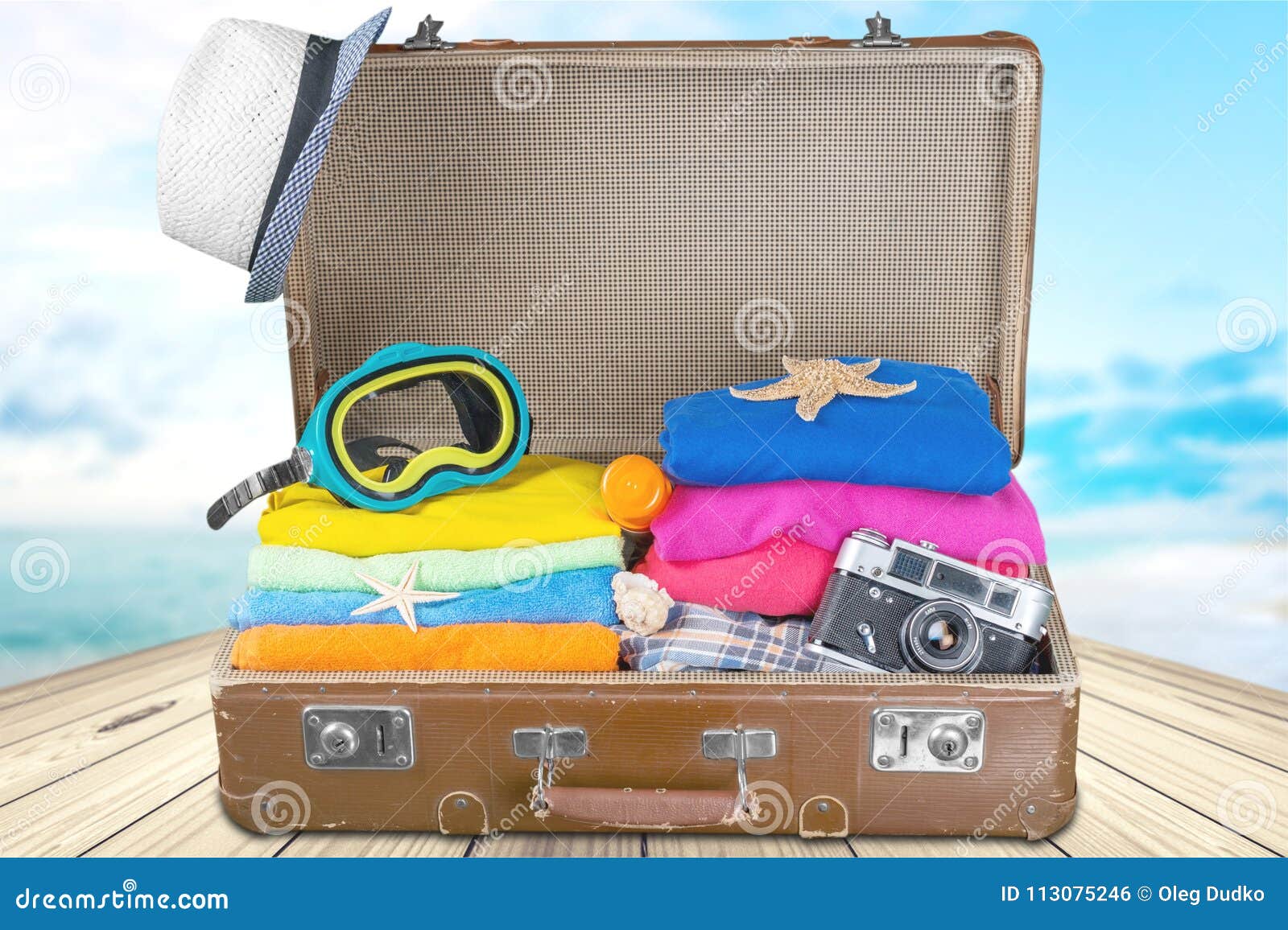 Retro Suitcase with Travel Objects on Background Stock Photo - Image of ...