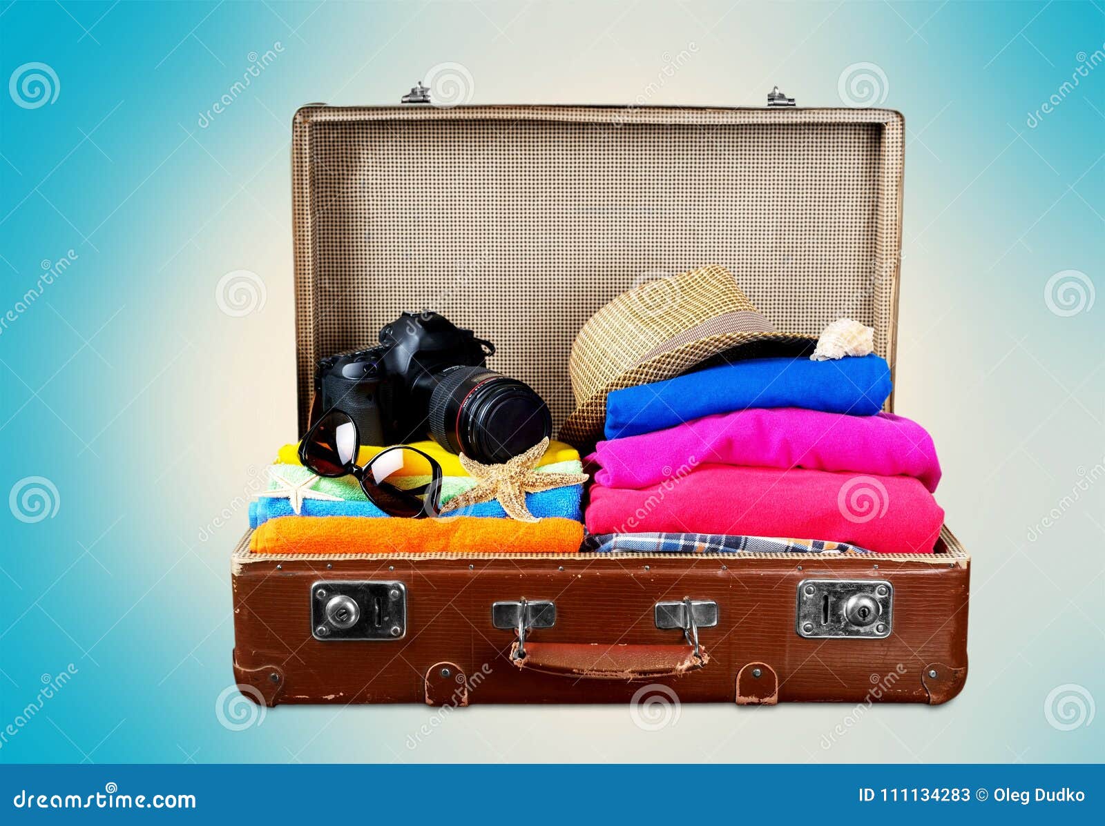 Retro Suitcase with Travel Objects on Beach Stock Image - Image of ...