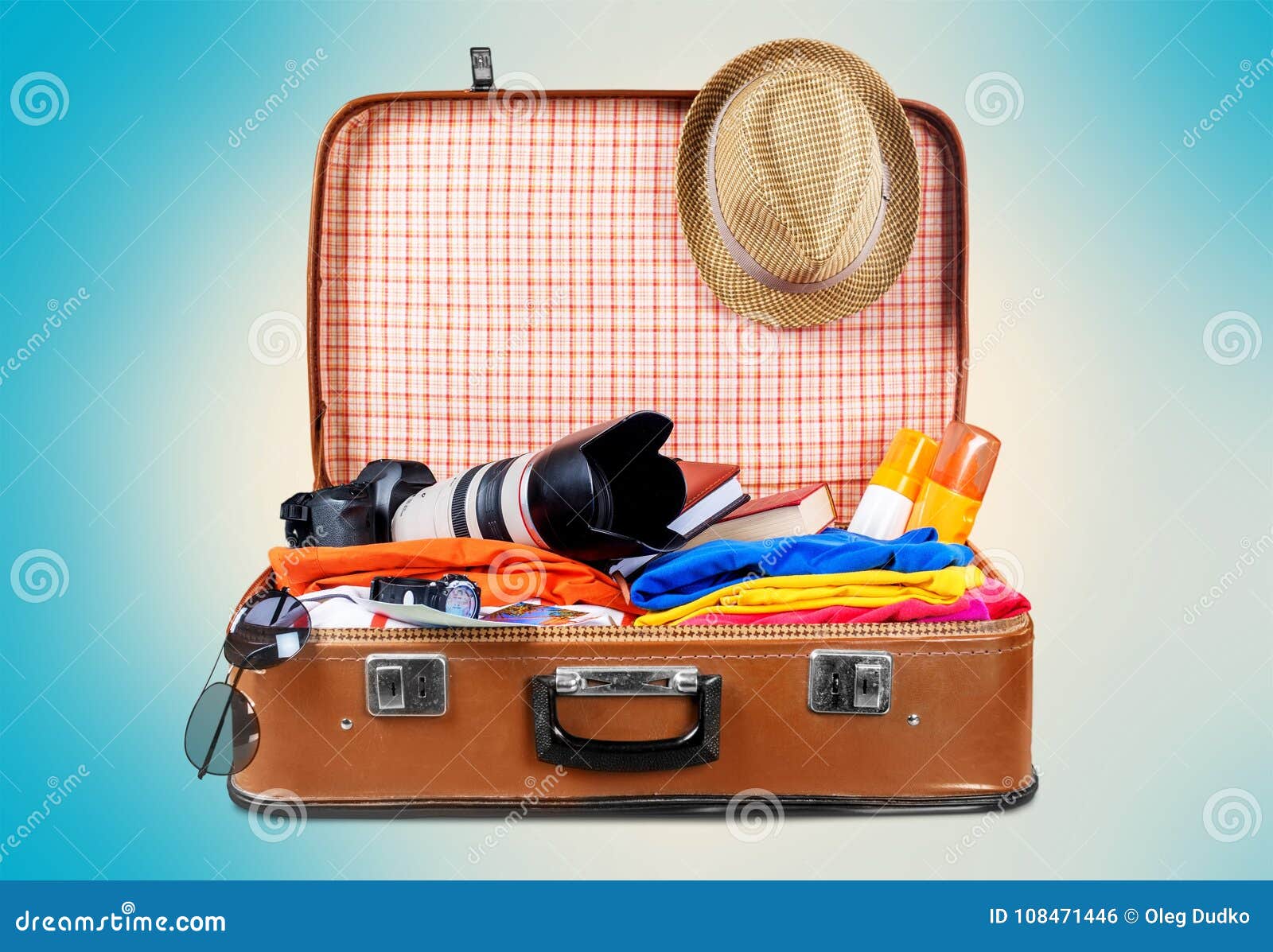 Retro Suitcase with Travel Objects on Background Stock Photo - Image of ...