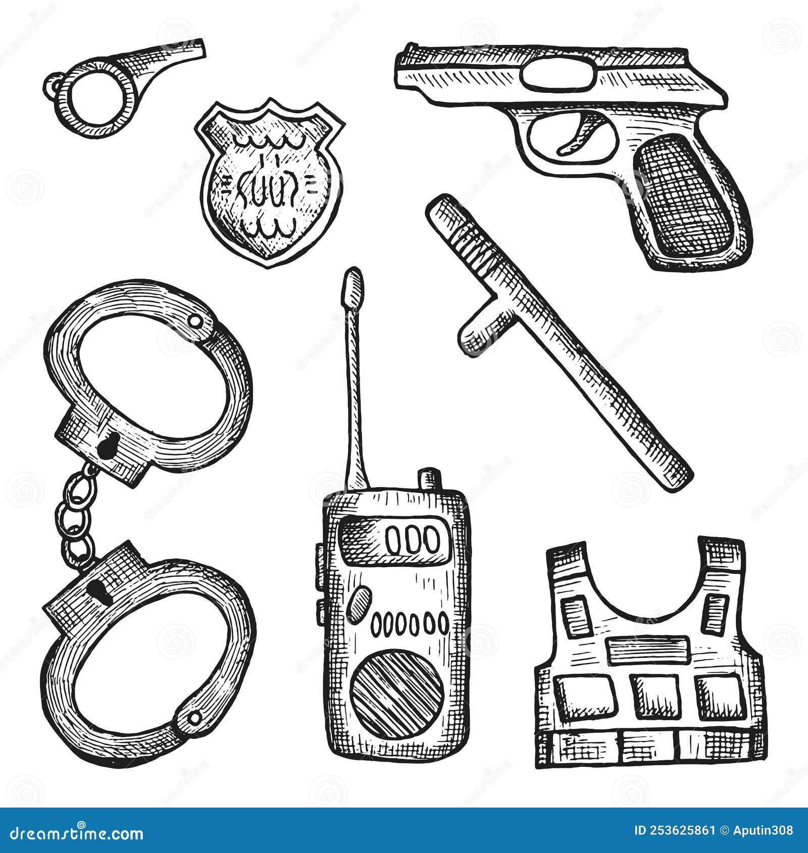 Objetos Policiales Establecen Bocetos Vectoriales Ilustración del ...