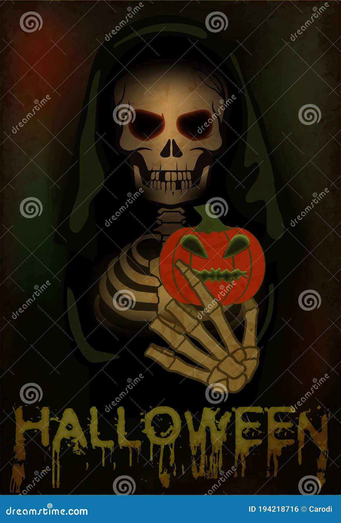 Happy Halloween Card. Death is Holding a Pumpkin Stock Vector ...
