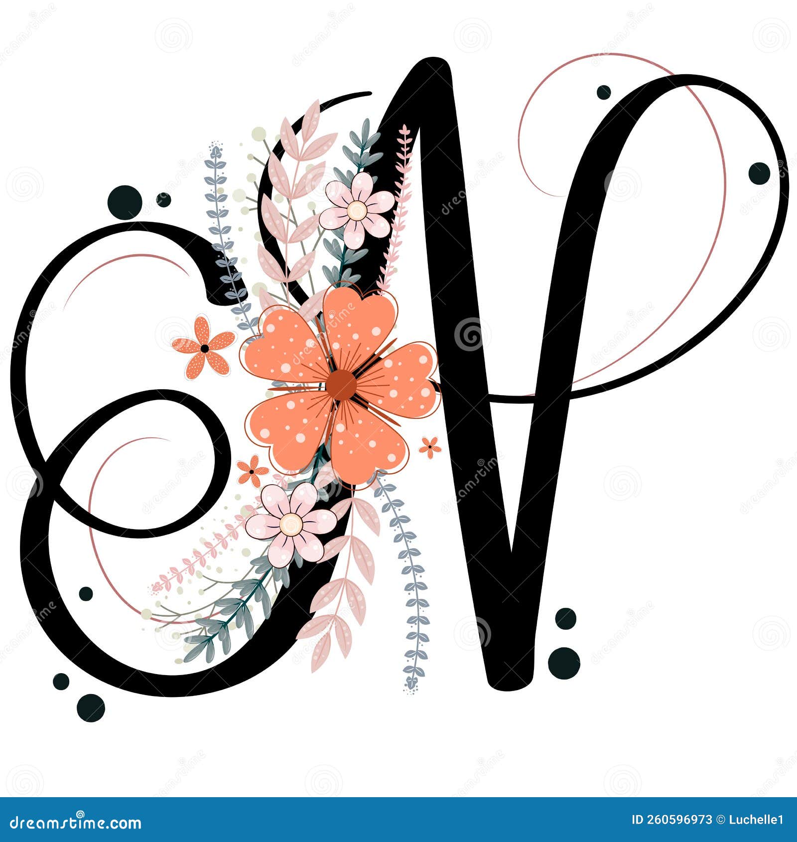 Alphabet Ornaments. LETTER N Floral Vector with Flowers and Leaves ...