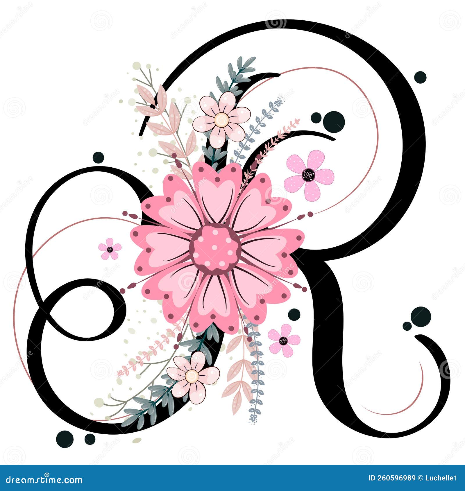 Alphabet Ornaments. LETTER R Floral Vector with Flowers and Leaves ...