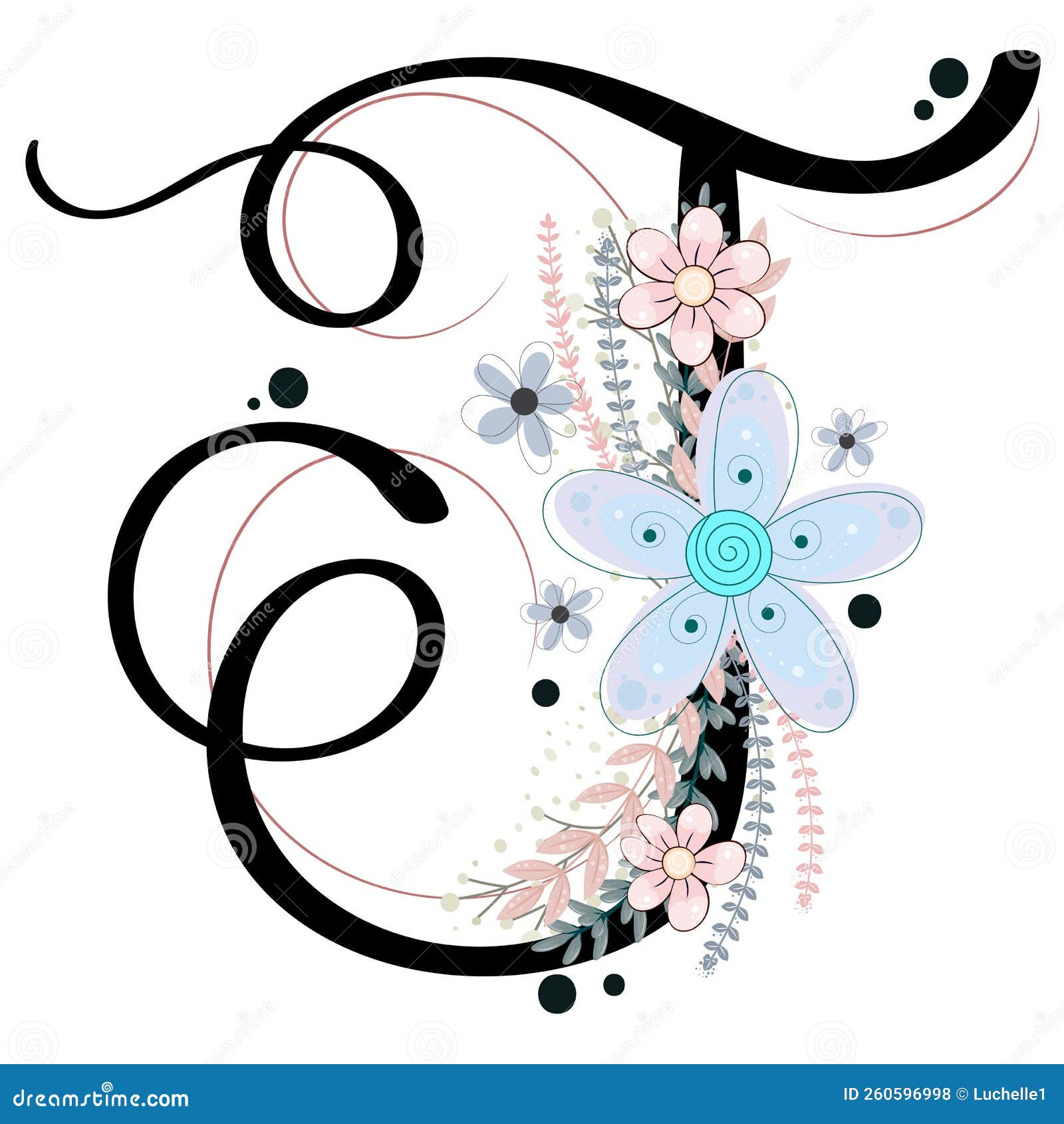 Alphabet Ornaments. LETTER T Floral Vector with Flowers and Leaves ...