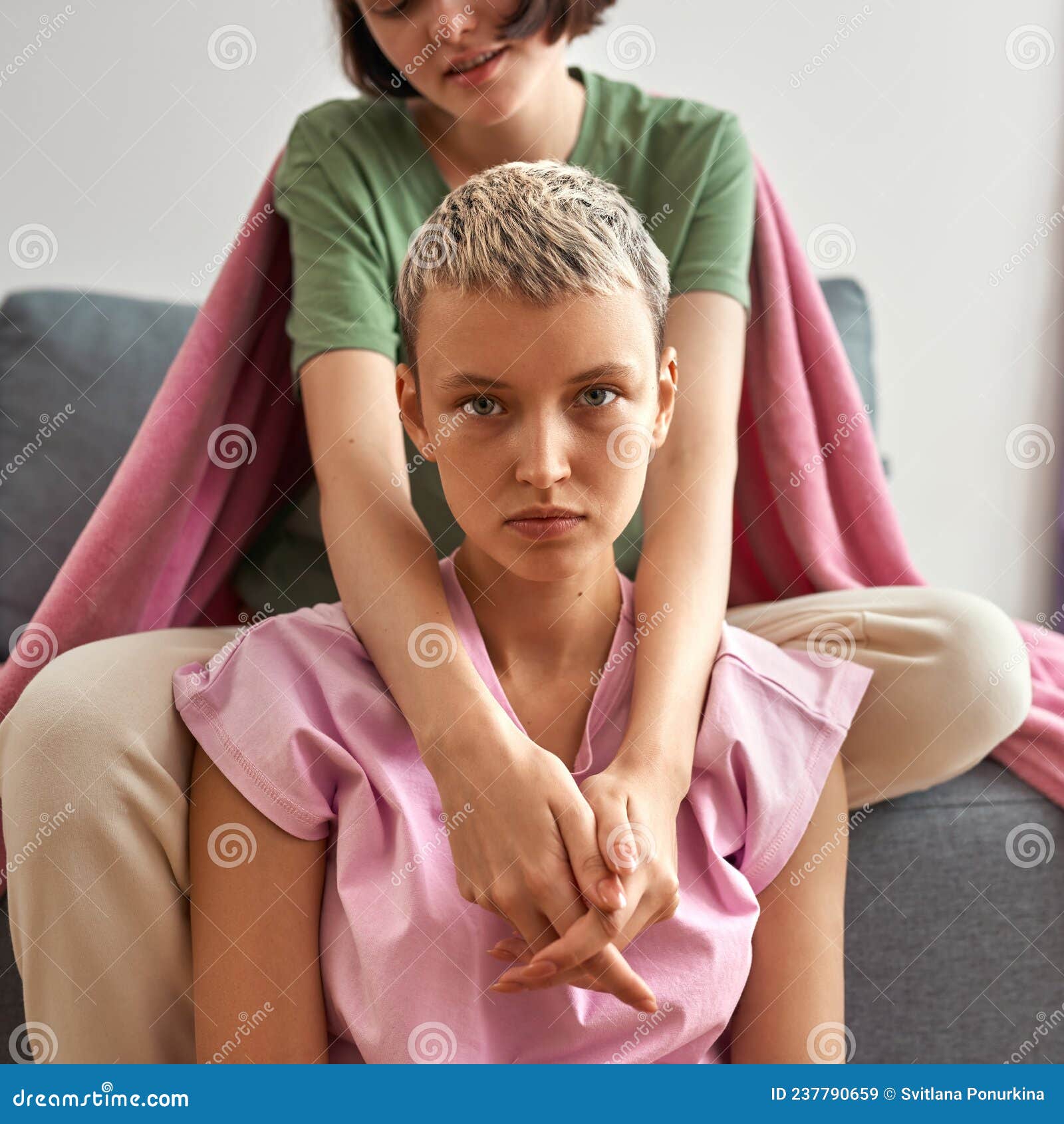 Obscure Face of Girl on Sofa Hug Her Girlfriend Stock Image - Image of ...