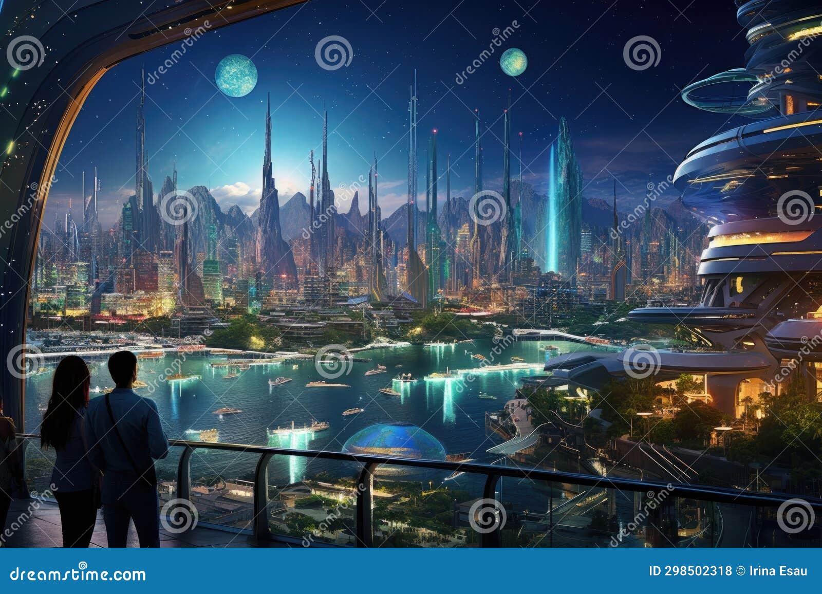 Observation Deck Overlooking a Futuristic Waterfront City Stock ...