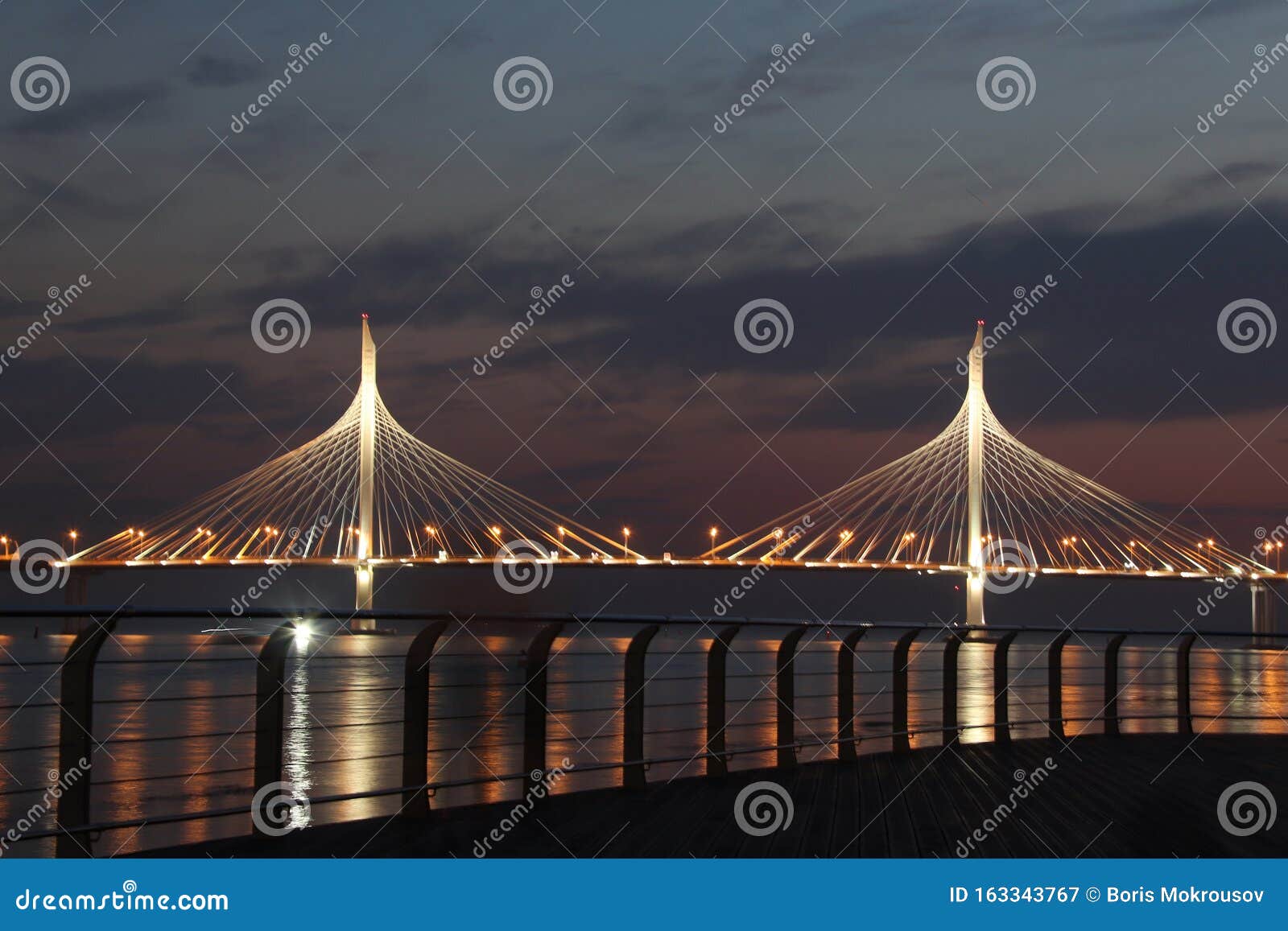 Observation Deck on the Shore with a View of the Cable-stayed Bridge ...
