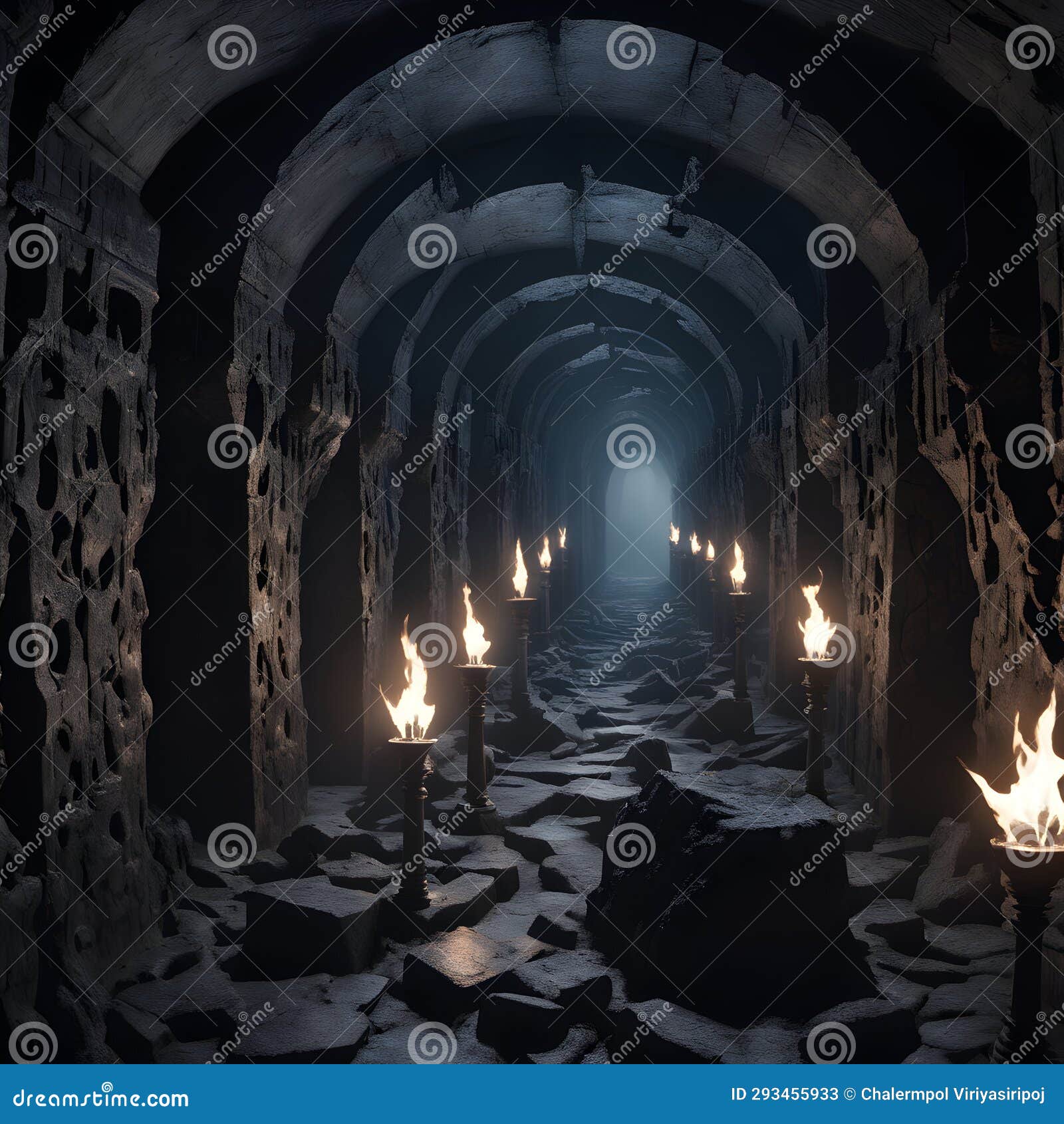 Catacombs Torches Nightmare Rendering Mystical Endless Medieval 3D ...