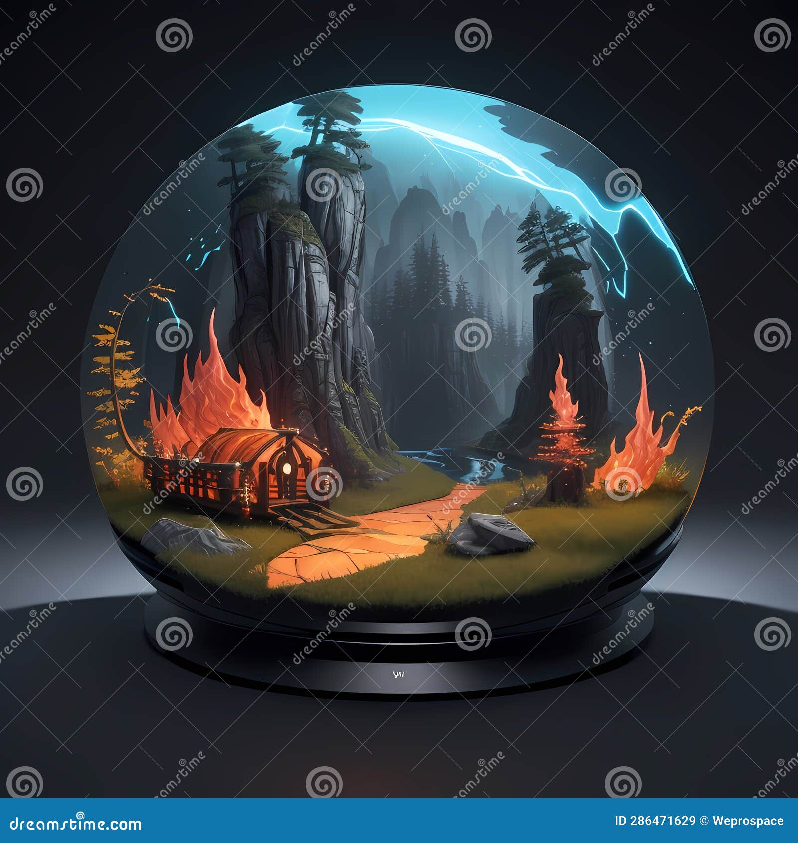 Obsidian Globe with a Fire Inside of it, Firey Environment, 3d Stylize ...