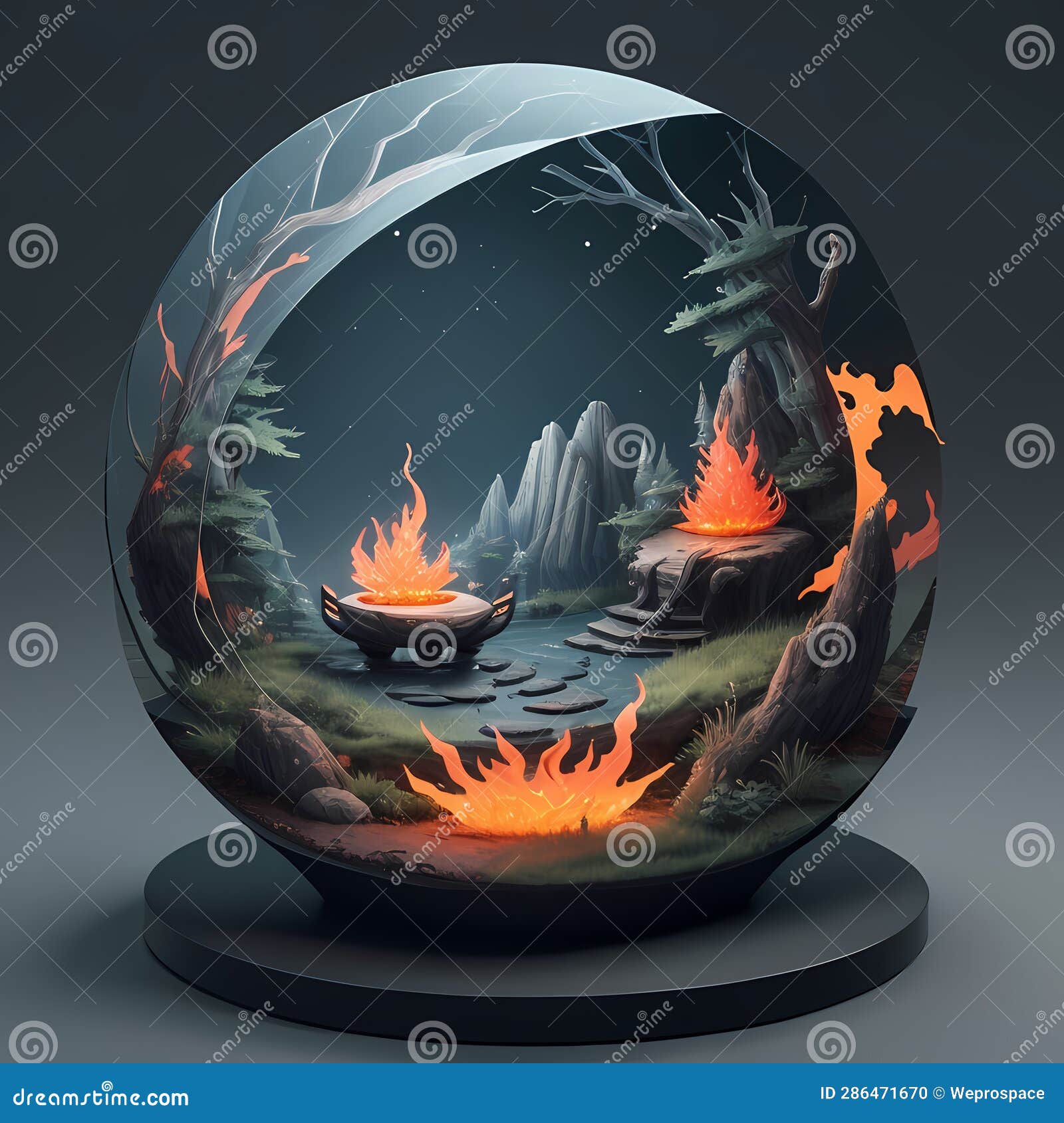 Obsidian Globe with a Fire Inside of it, Firey Environment, 3d Stylize ...