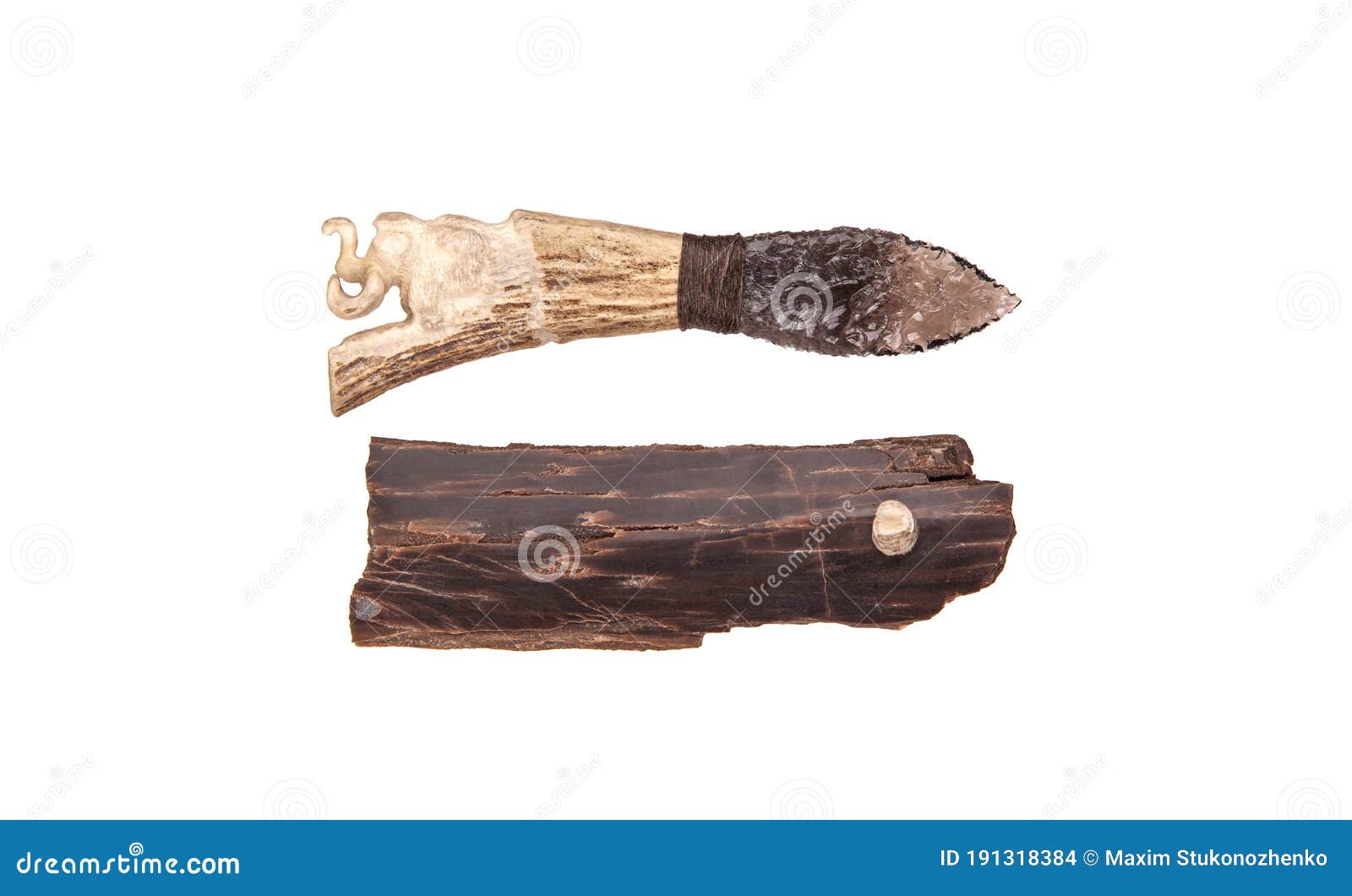 Obsidian Knife With Bone Handle Isolate On A White Back. Prehistoric ...