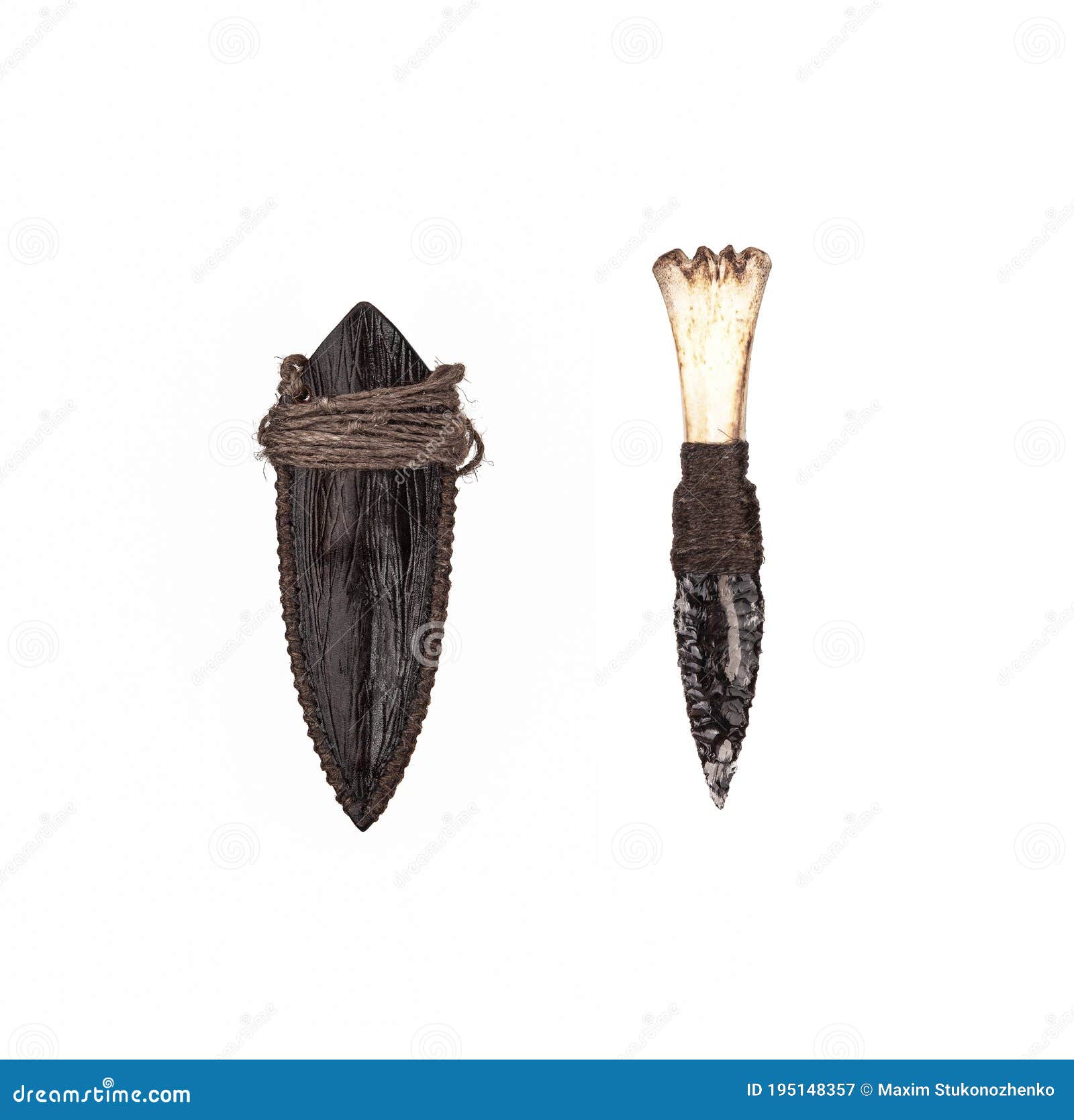 Obsidian Knife with Bone Handle Isolate on a White Back. Prehistoric ...