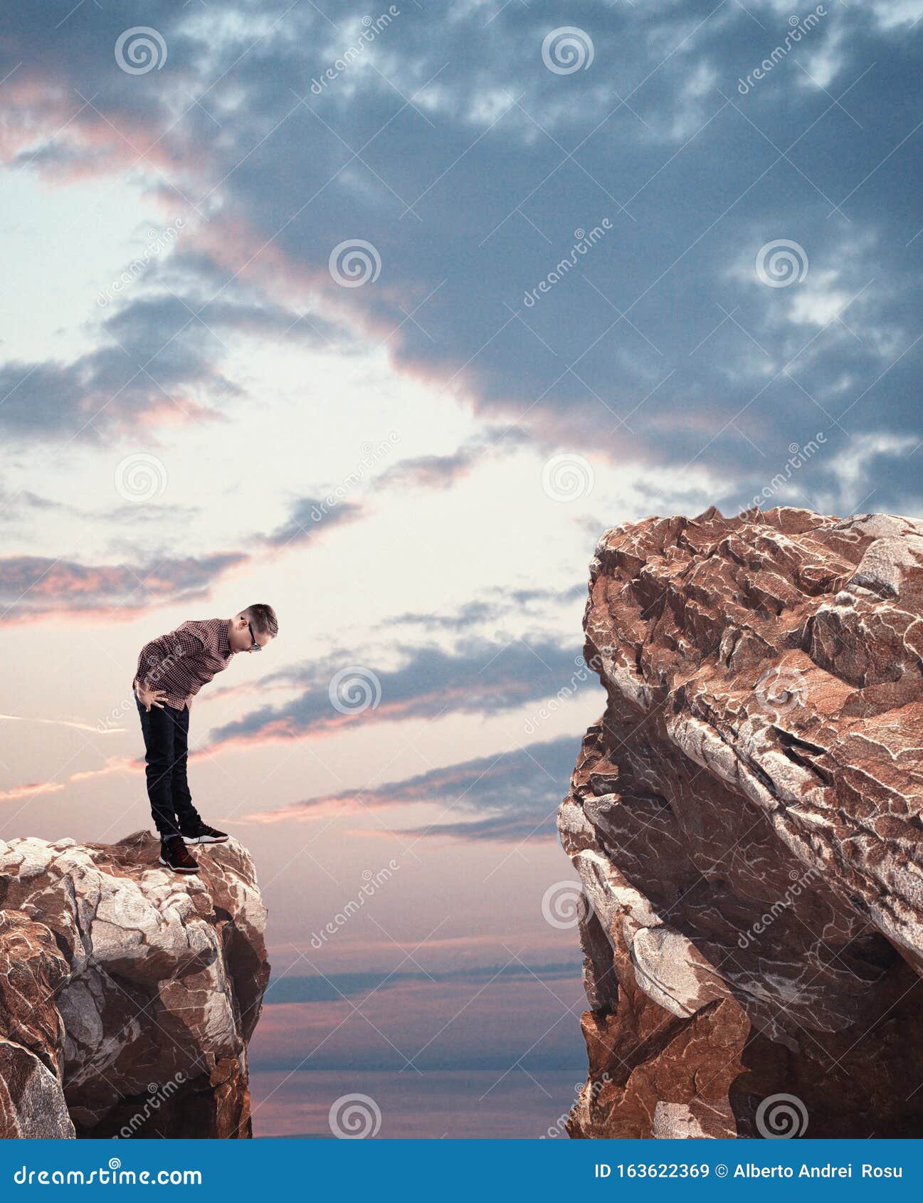 Obstacle Concept. Kid Looking Down Over a Gap between Stock Image ...