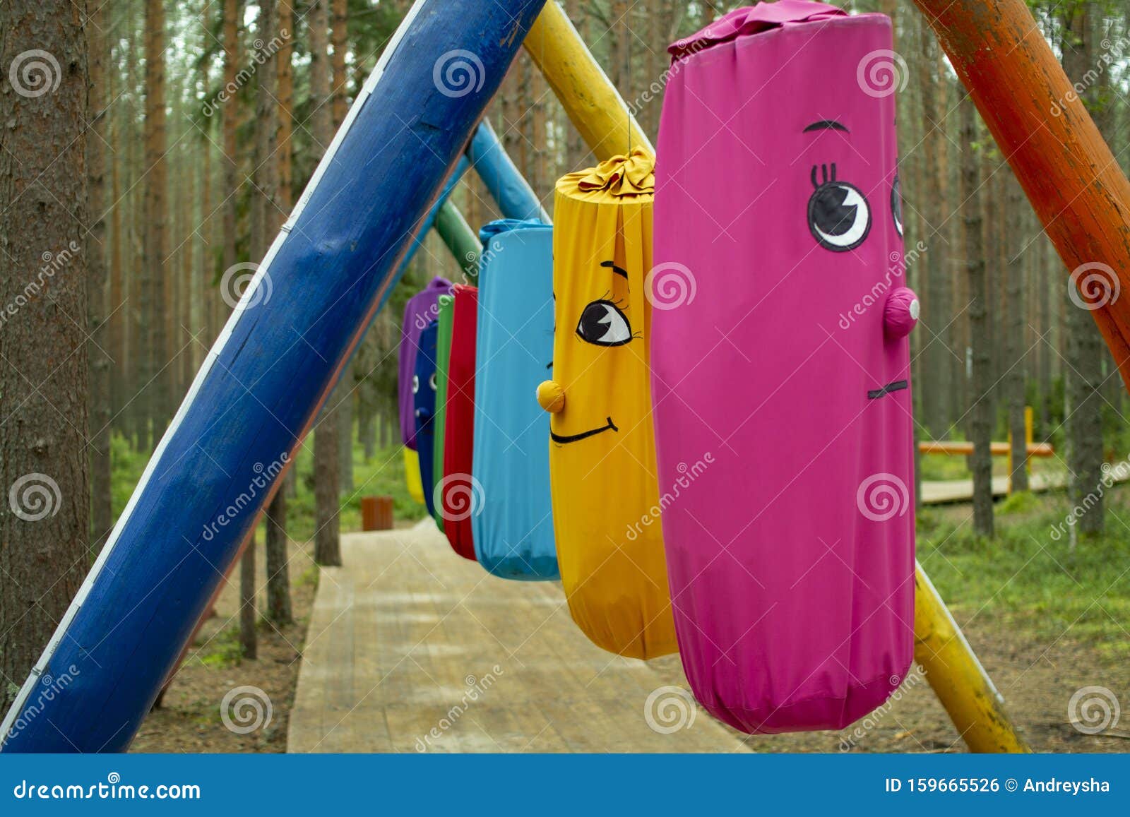 Obstacle Course with Colorful Bags in a Forest Stock Photo - Image of ...