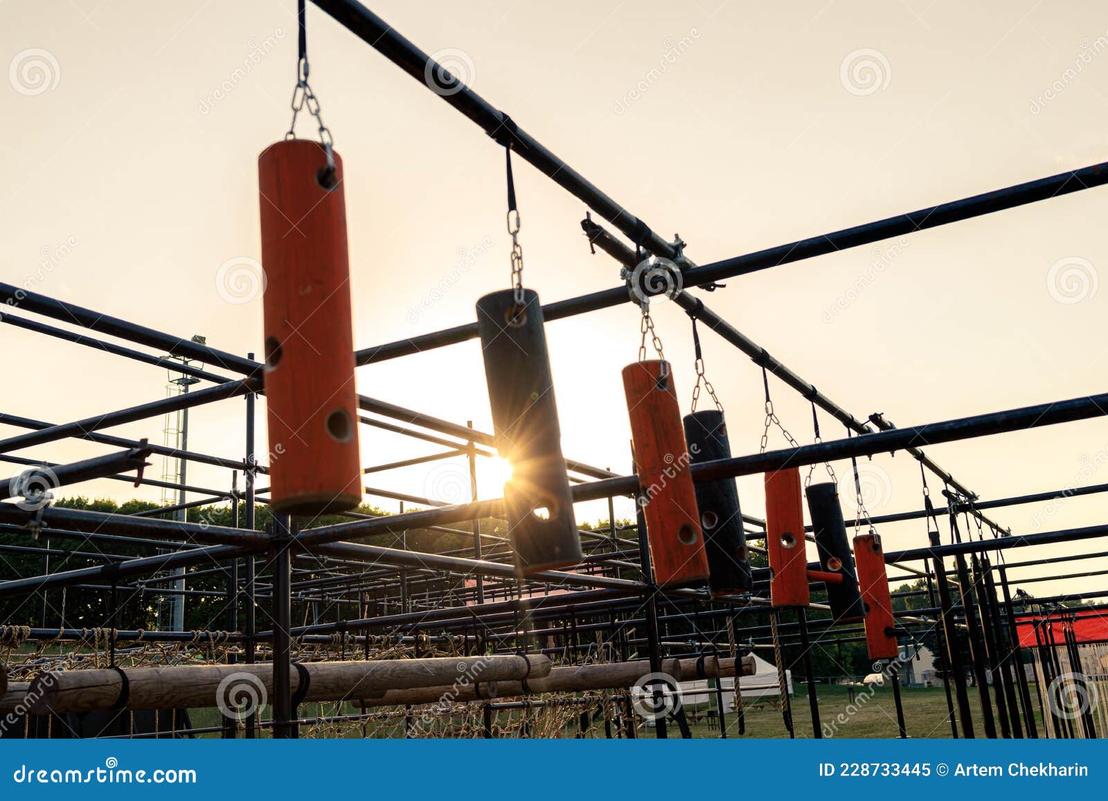 Obstacle Course Race Ocr, Hanging Logs in a Row, Sunset Stock Image ...
