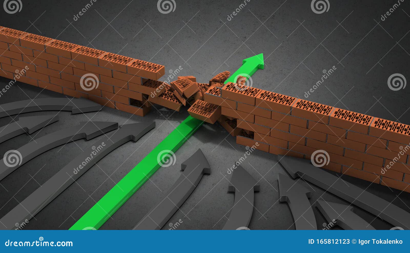 Obstacle Management Concept Green Arrow Breaks through the Wall 3d ...