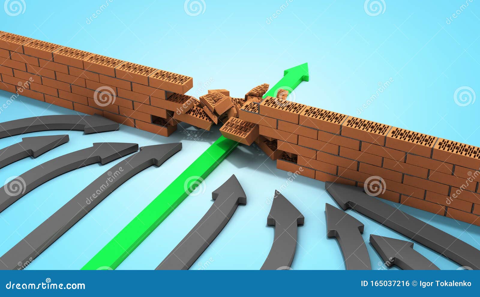 Obstacle Management Concept Green Arrow Breaks through the Wall 3d ...